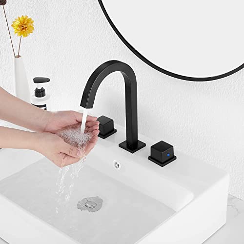 GGStudy Matte Black Widespread Bathroom Faucet 2 Handles 3 Holes 8 inch Widespread Bathroom Sink Faucet Black Matching with Pop Up Drain