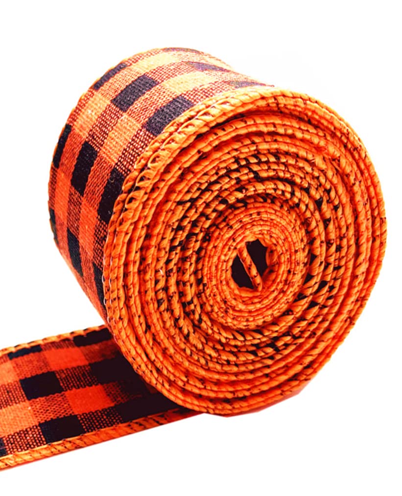 Pumpkin Orange and Black Gingham Buffalo Plaid Ribbon，Thanksgiving Fall Wired Edge Ribbon Halloween Christmas Wrapping Ribbon Wired Craft for Holiday Wrapping, Bow Crafts Decoration