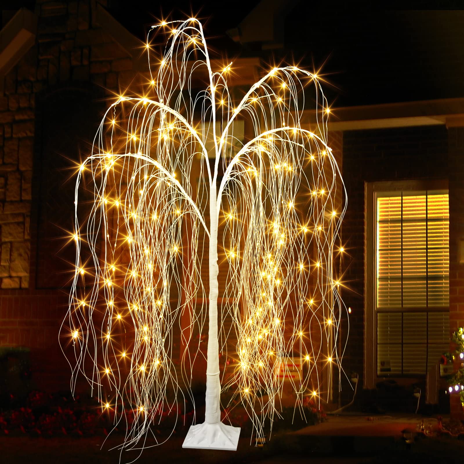 EAMBRITE 4FT Lighted Willow Tree, Weeping Willow Artificial Tree with 180 Twinkle Fairy Lights, White Christmas Tree for Home Office Holiday Party Indoor Outdoor Decoration