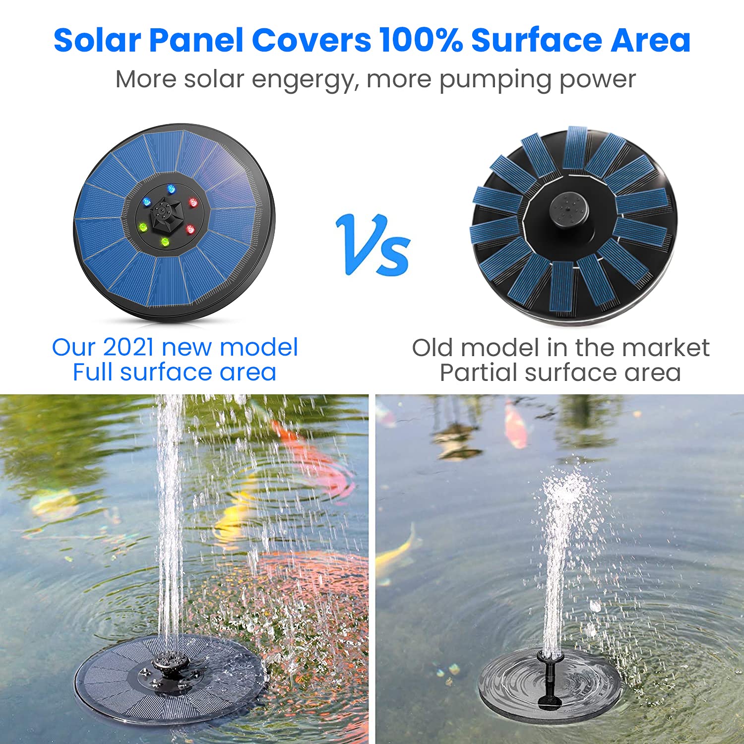 DoFida Solar fountain for bird bath w/ built-in 900mAh battery 6 x LED color light Complimentary 7 nozzle heads 3Watt solar panel