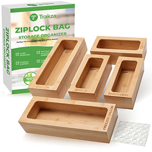 TRAKZA Bamboo Ziplock Bag Organizer for Drawer, Kitchen Storage Bag Organizer, 5 Separate Baggie Organizer for Drawer with Non-Slip Feet and Hanging Holes, kitchen organization and storage