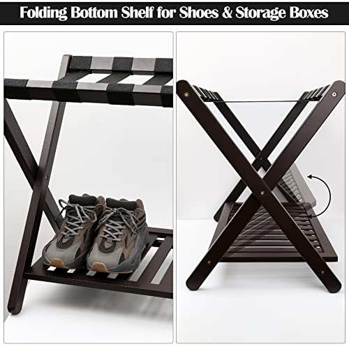 Purbambo Luggage Rack, Bamboo Folding Luggage Rack Suitcase Stand with Storage Shelf for Home Bedroom Guest Room - Brown
