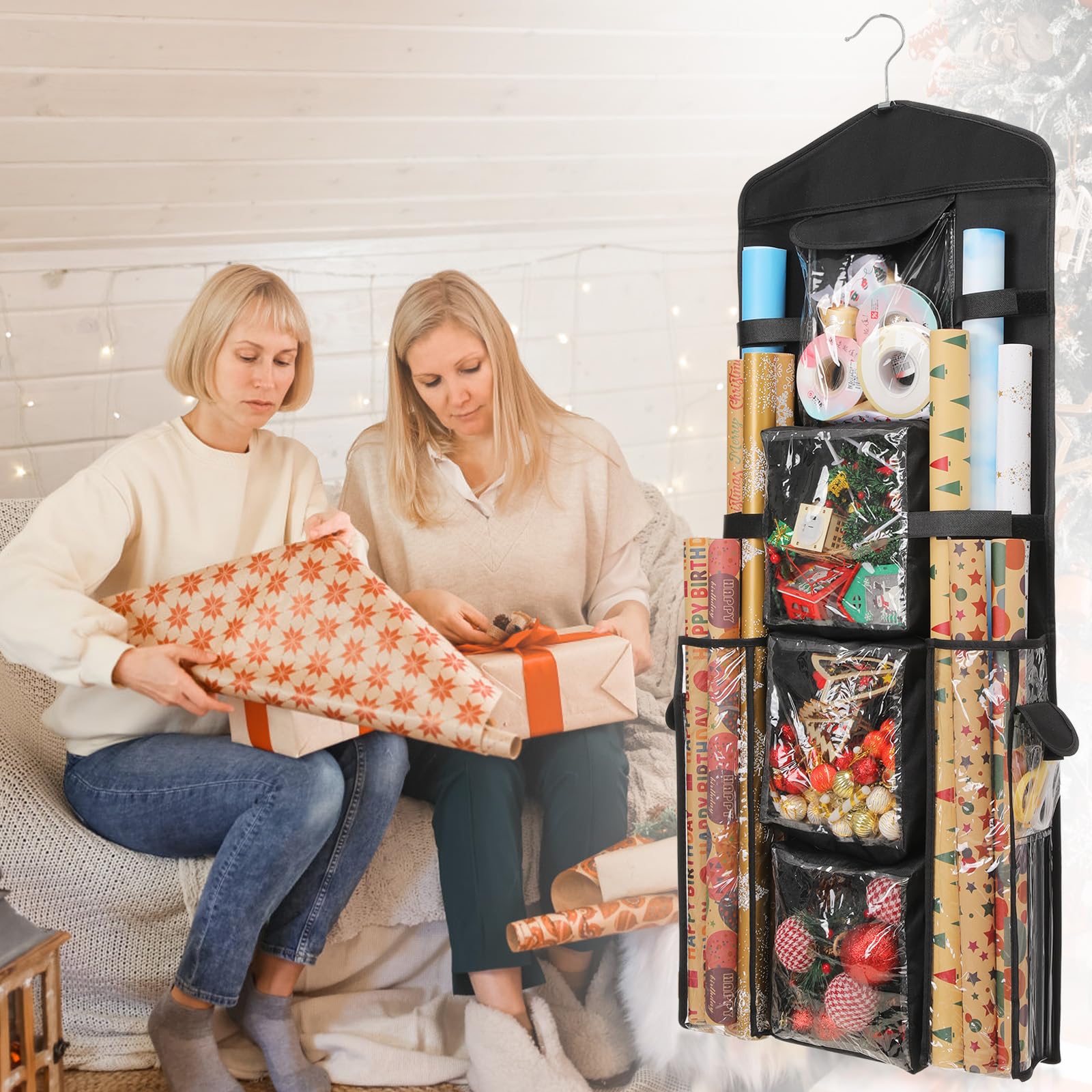 EXLIFBAG Wrapping Paper Storage, Gift Wrap Organizer Holder Double-Sided Hanging Gift Bag Storage Organizer, Black