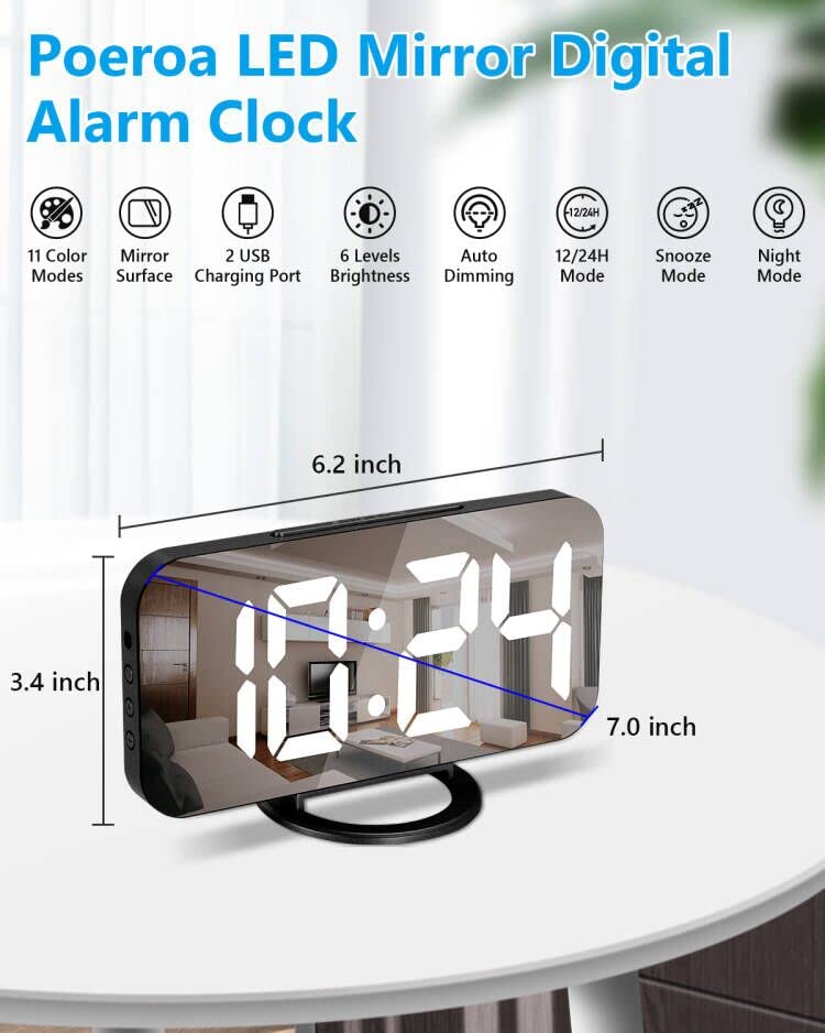 Digital Alarm Clocks,7" LED Mirror Electronic Clock,with 2 USB Charging Ports,Snooze Mode,Auto Adjust Brightness,Modern Desk Wall Clock for Bedroom Living Room Office - Black