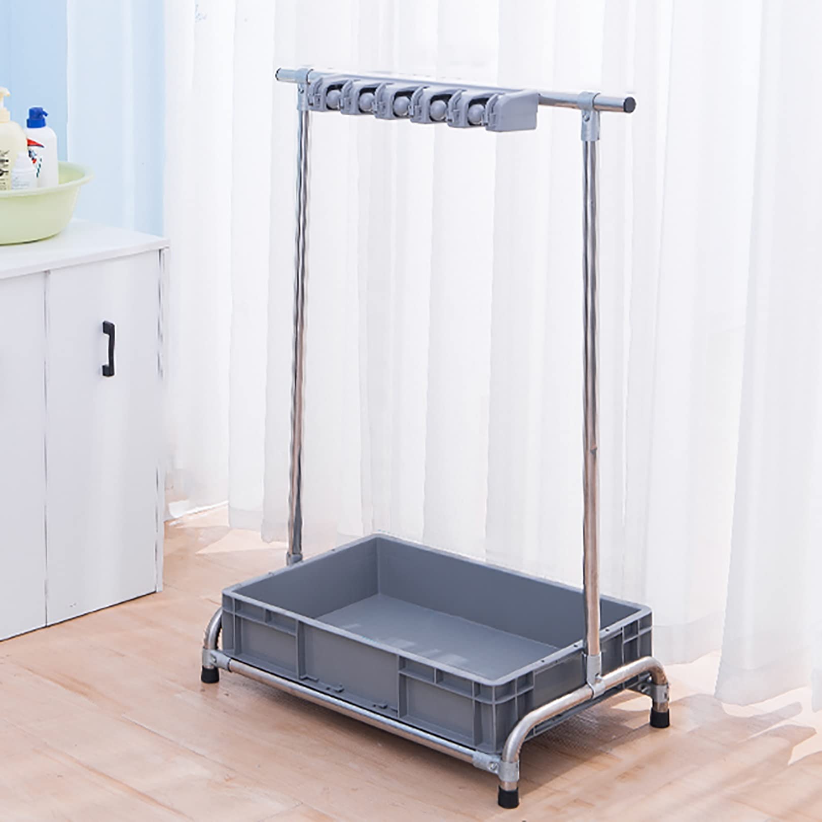DMUNIZ Mop Storage Racks, Broom Holder Organizer, 5 Racks, 6 Hooks, Stainless Steel, for Garage, Laundry Room, Closet, Tool Storage, 11 Positions