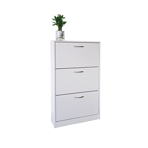 Karl home Narrow Shoe Cabinet for Entryway, Freestanding Shoe Rack with 3 Flip Drawers Doors, Adjustable Tipping Wood Hidden Storage Organizer for Hallway Apartment Foyer, White
