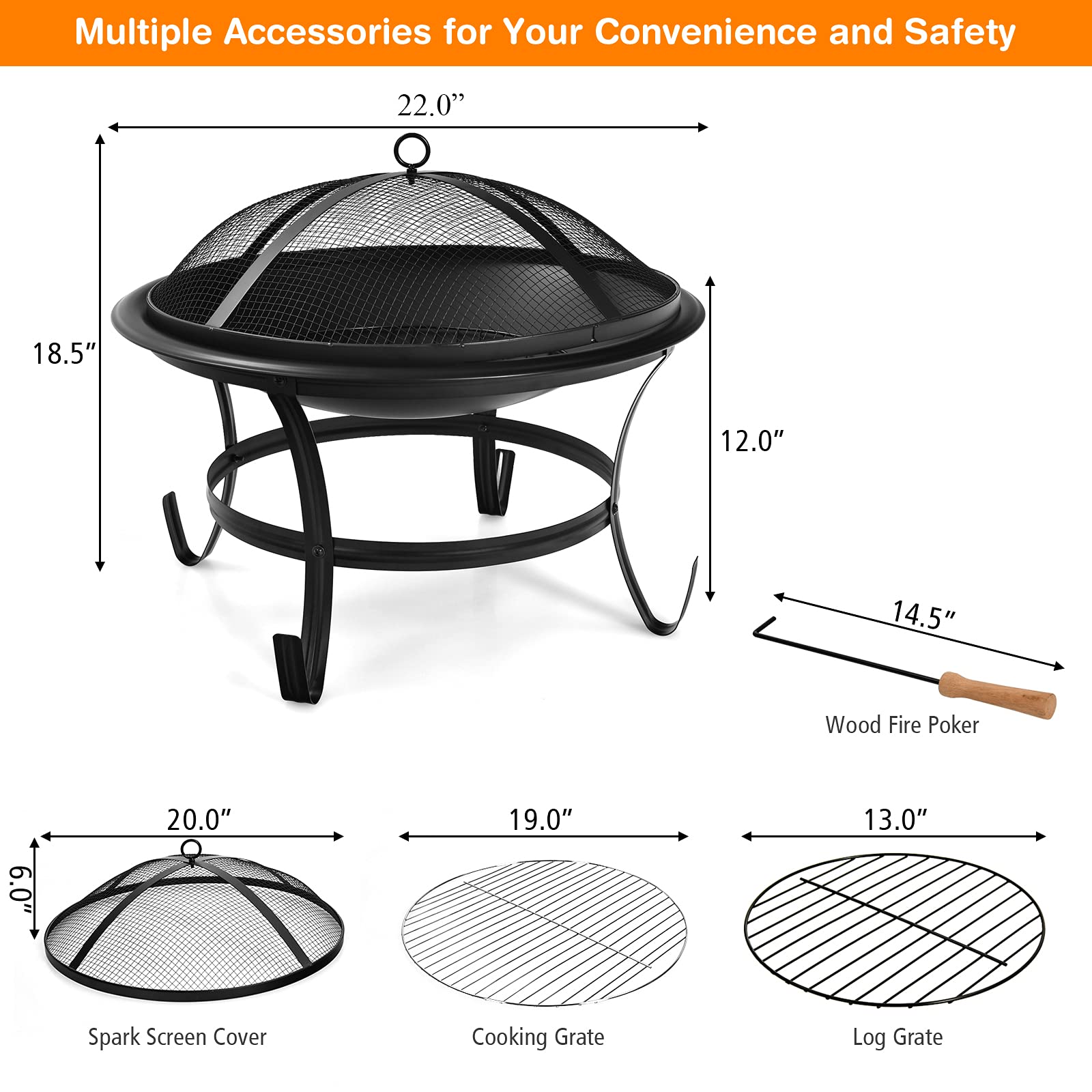 Giantex 22" Outdoor Firebowl, Portable Firepit Bowl with BBQ Grill Mesh Spark Screen Cover, Poker and 2 Log Grates/Grilling Grate and Wood Grate, Wood Burning Fire Pit w/Grilling Handle