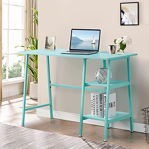 VECELO 43 Inch Computer Writing Home Office with 2 Tier Storage Shelves,Adjustable Feet/Waterproof,Simple Workstation, Blue Desk, 43"