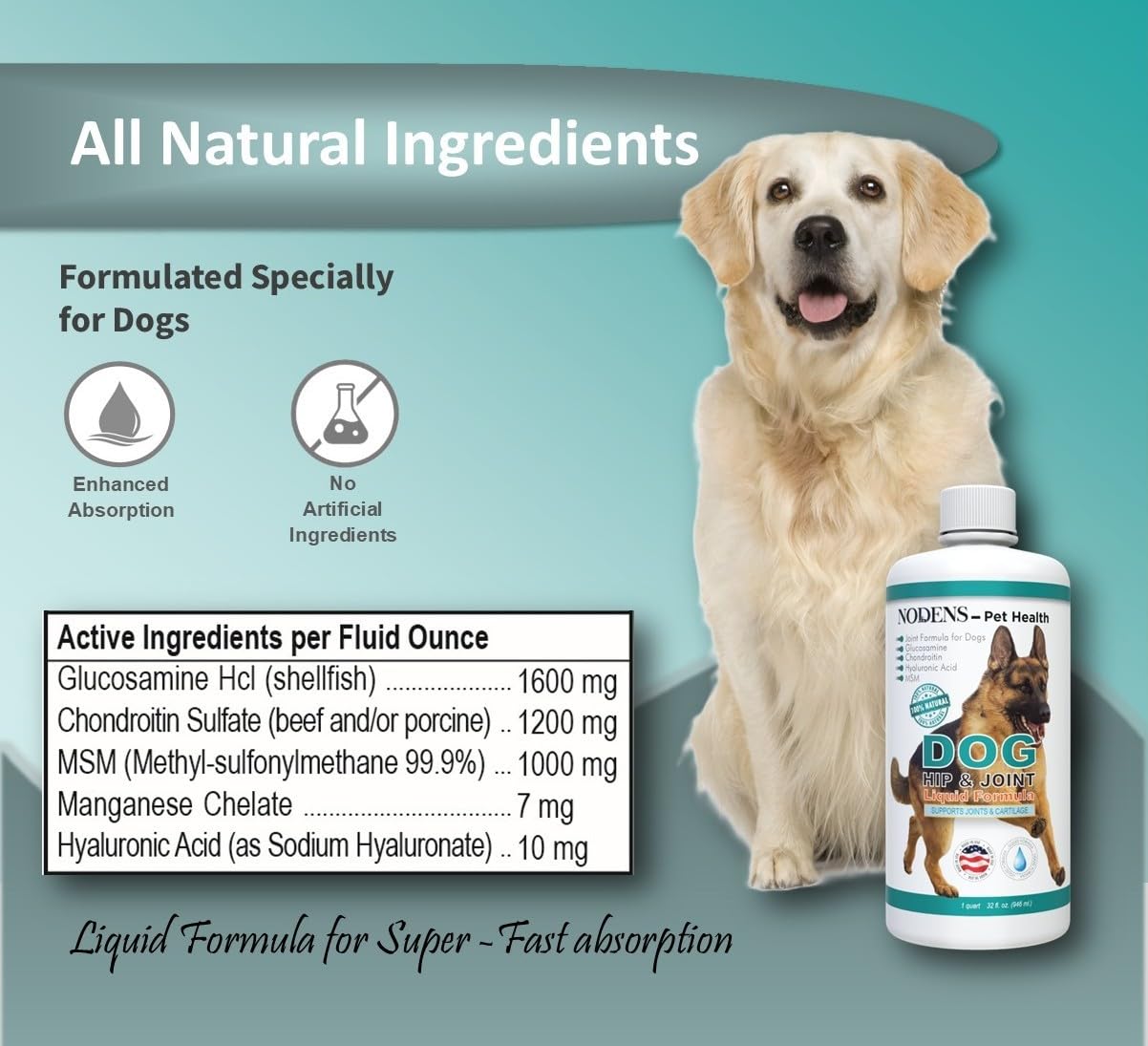 NODENS Dog Hip and Joint - Concentrated Glucosamine for Dogs with Chondroitin – Dog Joint Supplement for Natural Dog Pain Relief Anti-inflammatory for Improved Joint Flexibility and Mobility - 942 ml