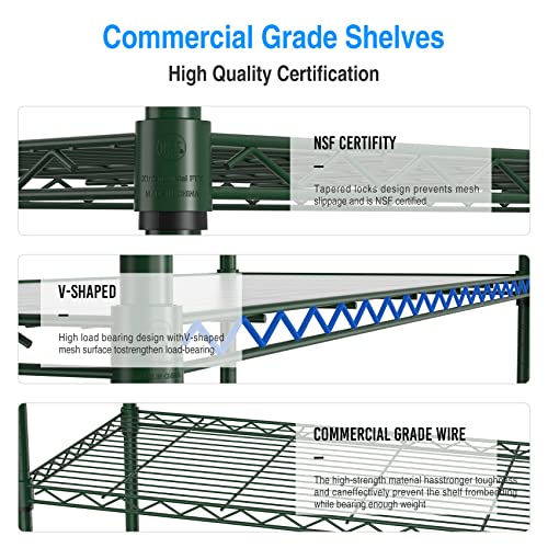 pouseayar Wire Shelving Unit, 7 Tier NSF Metal Shelf 2450lbs Capacity Heavy Duty Adjustable Storage Rack with Wheels & Shelf Liners for Kitchen Garage Basement, 82" H x 48" L x 18" D Green