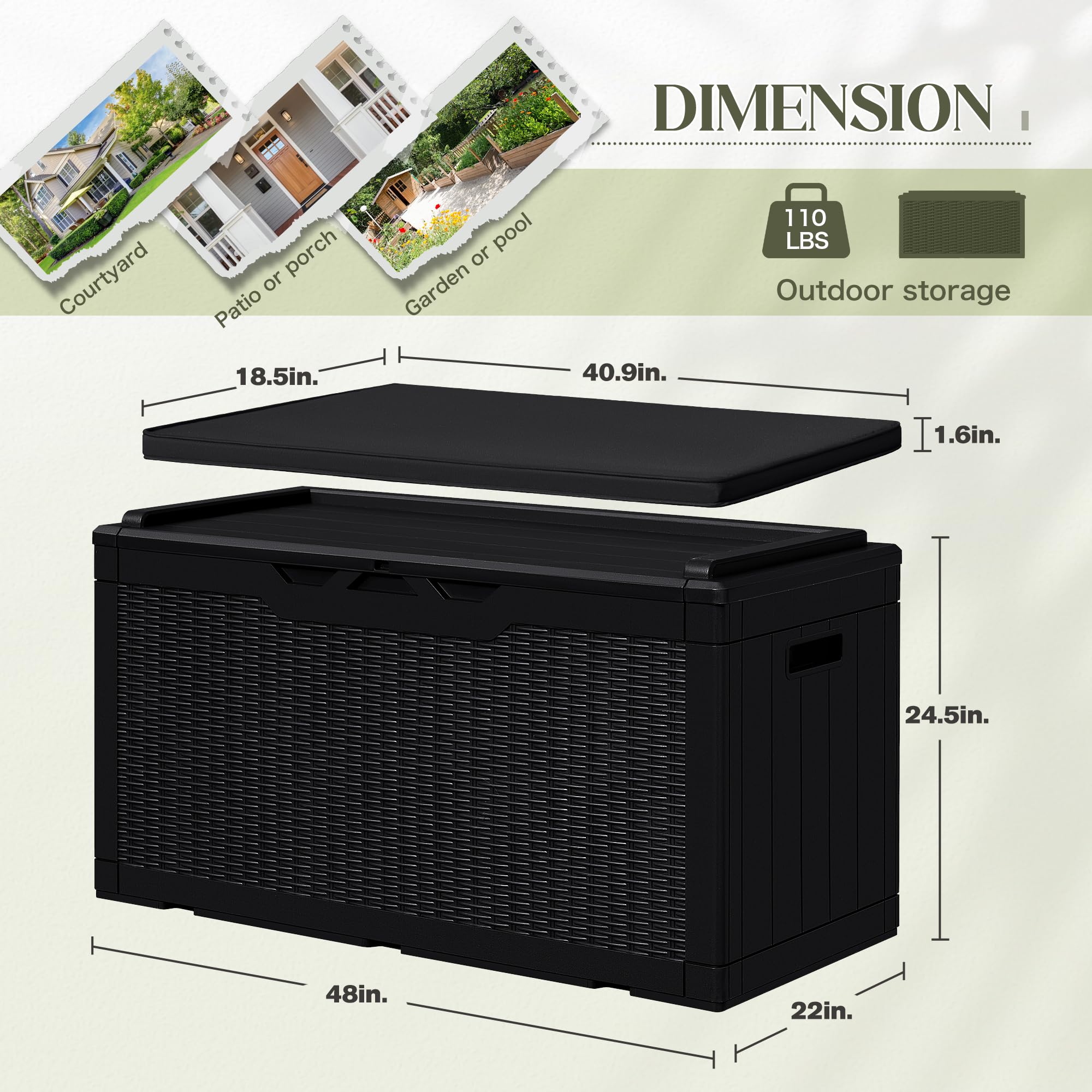 Greesum 100 Gallon Resin Deck Box Large Outdoor Storage with Cushions for Patio Furniture, Garden Tools, Pool Supplies, Weatherproof and UV Resistant, Lockable, Black