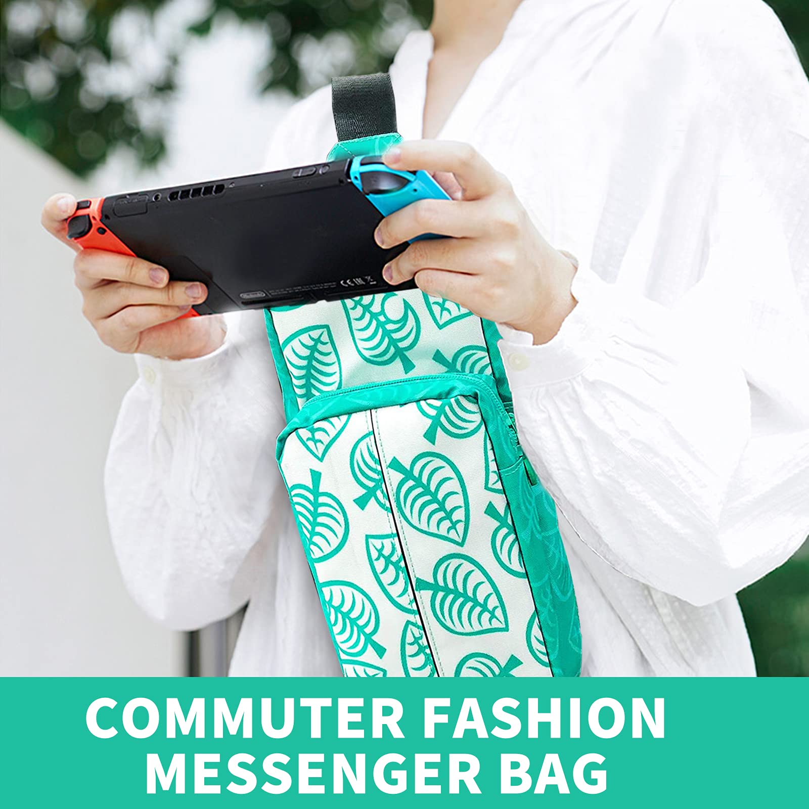 GOLDCHAMP Travel Carrying Bag for Nintendo Switch/OLED Console, Joy-Con Grip & Dock,Leaf Crossing Design Shoulder Bag Storage Case Nylon Water Resistant Portable Crossbody Bag