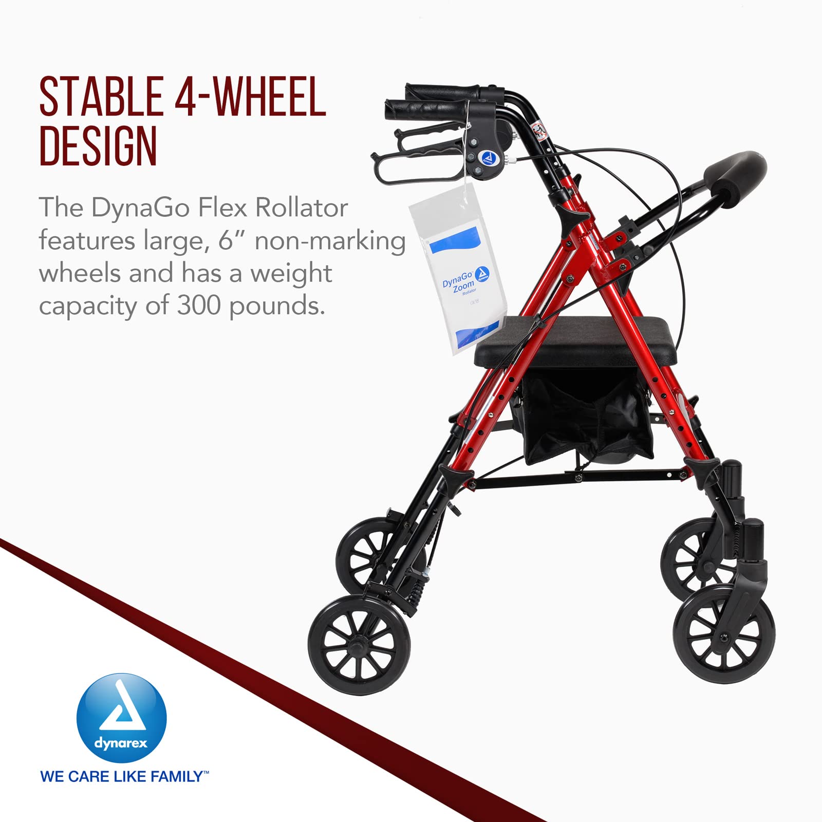 Dynarex DynaGo Flex Rollator - Foldable, Portable, Stand-Up Rolling Walker - 6β Wheels, Adjustable Seat Height & 300 lb. Weight Capacity, Red Frame, 1 Rollator