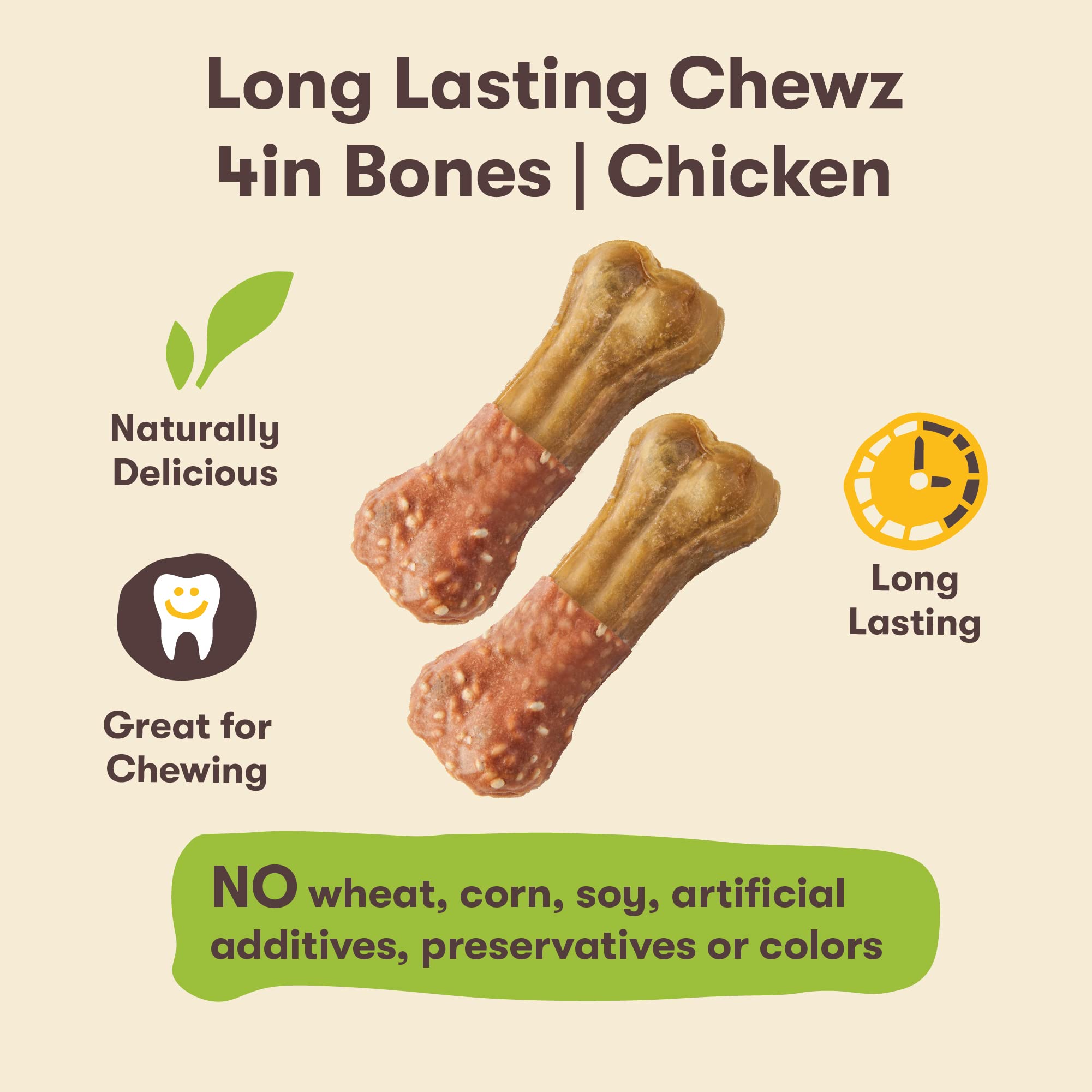Pet 'n Shape Long Lasting Chewz Dog Treats - Chicken Wrapped Rawhide 6 Bones 4 Inch Long