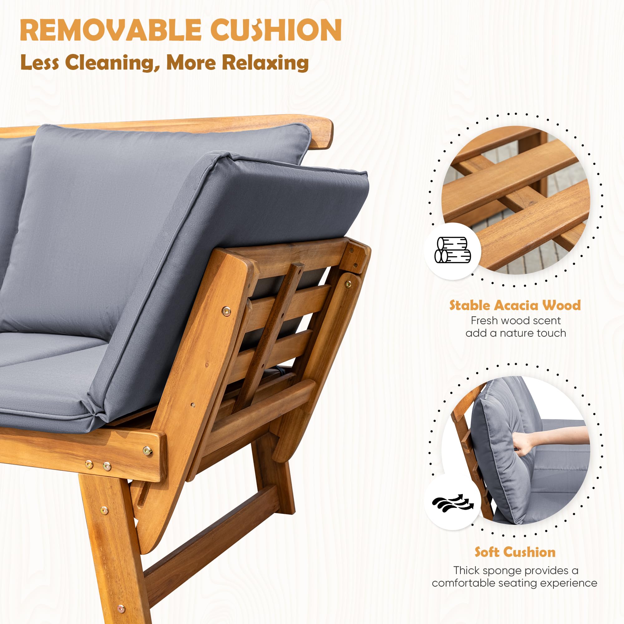 Greesum Patio Convertible Couch Sofa Bed with Adjustable Armrest, Acacia Wood Outdoor Daybed with Cushion & Pillow, Folding Chaise Lounge Bench for Porch Courtyard Poolside,Gray