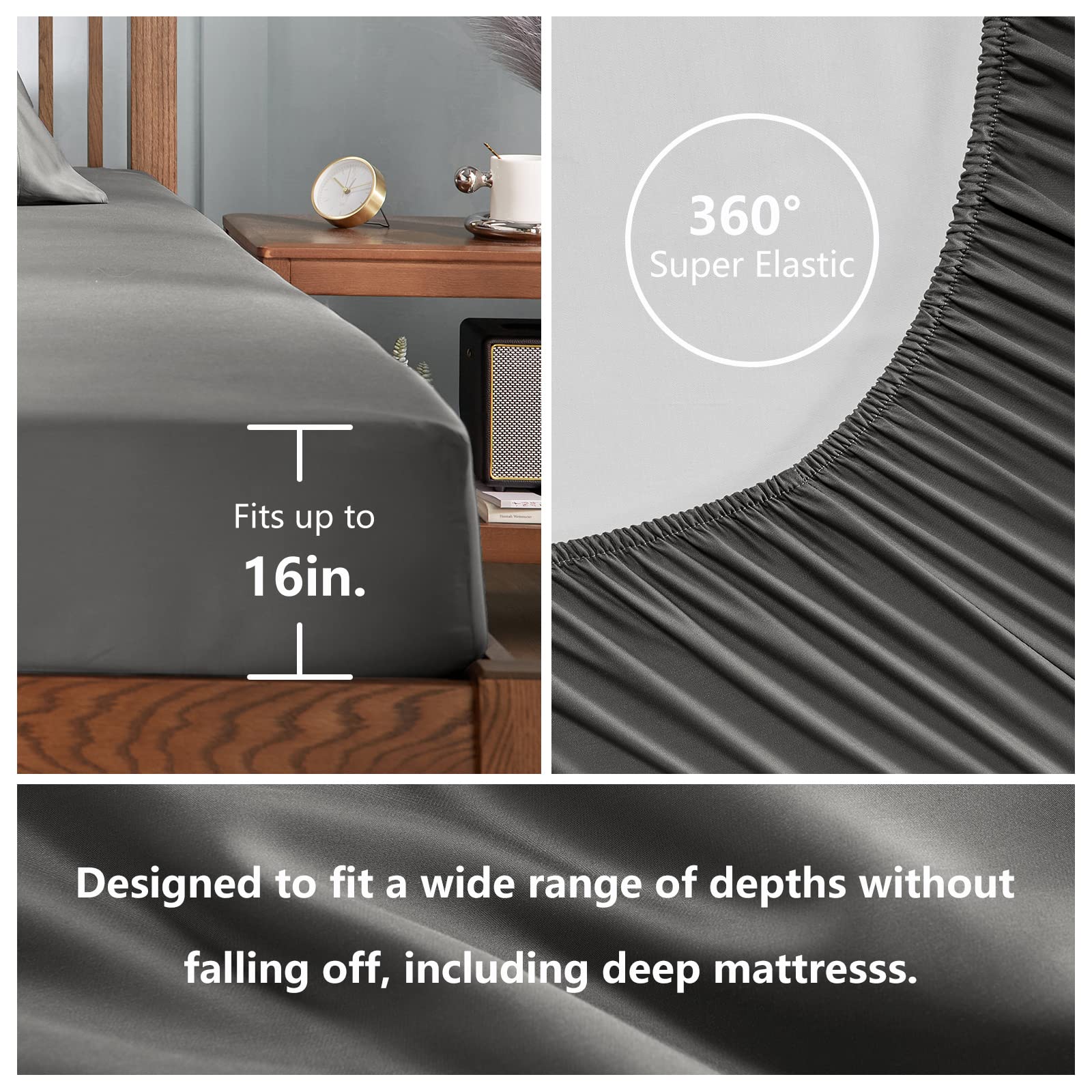 CozyLux Cooling Sheets Queen Size, Rayon derived from Bamboo, Oeko-TEX Certified Luxuriously Soft & Cooling Silky Sheet Set - 16" Deep Pockets 4 Piece Bedding Sheets & Pillowcases,Dark Grey