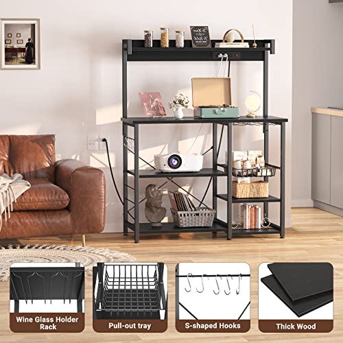 Topfurny Bakers Rack with Power Outlet, Microwave Stand, Kitchen Storage Shelf with Led Lights, Coffee Bar Station with Wine Glass Holder, Kitchen Rack for Spices, Pots, and Pans, Black