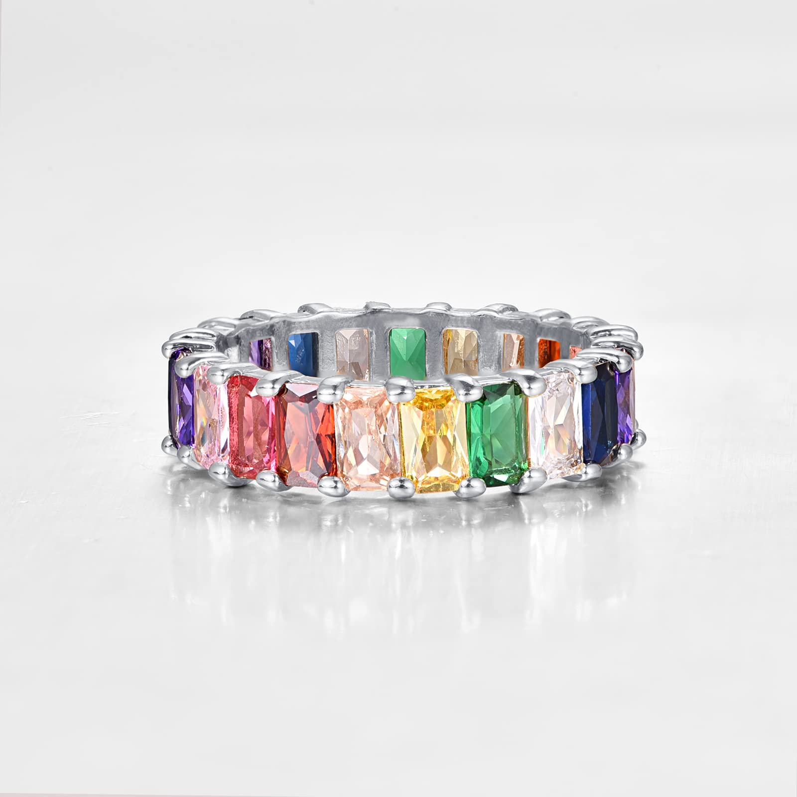 Eternity Rainbow Ring 14K Gold Plated Cubic Zirconia Emerald Sapphire Rings Multi Color Gemstone Eternity Bands Ring for Women (Rainbow-White Gold, 7)