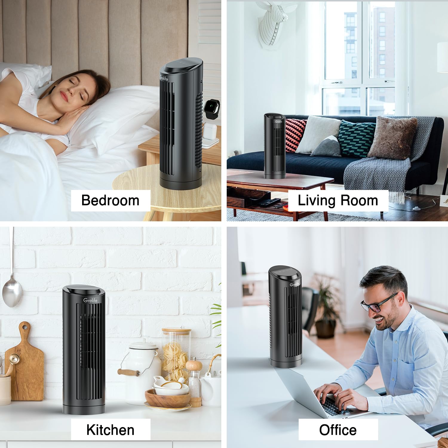 Grelife 13" Bladeless Tower Fan with 70° Oscillation, 3 Speeds, 4 Wind Modes, Touch Control & Remote, 12-Hour Timer, Compact Cooling Fan for Home Office Bedroom