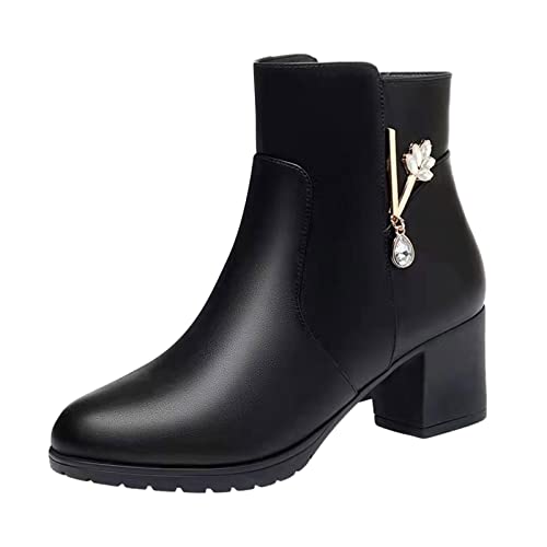 FASDNENDYS Zipper Women's High Short Boots Chunky Retro Breathable Fashion Heels Thermal Shoes Women's Boots Boot Tall Black