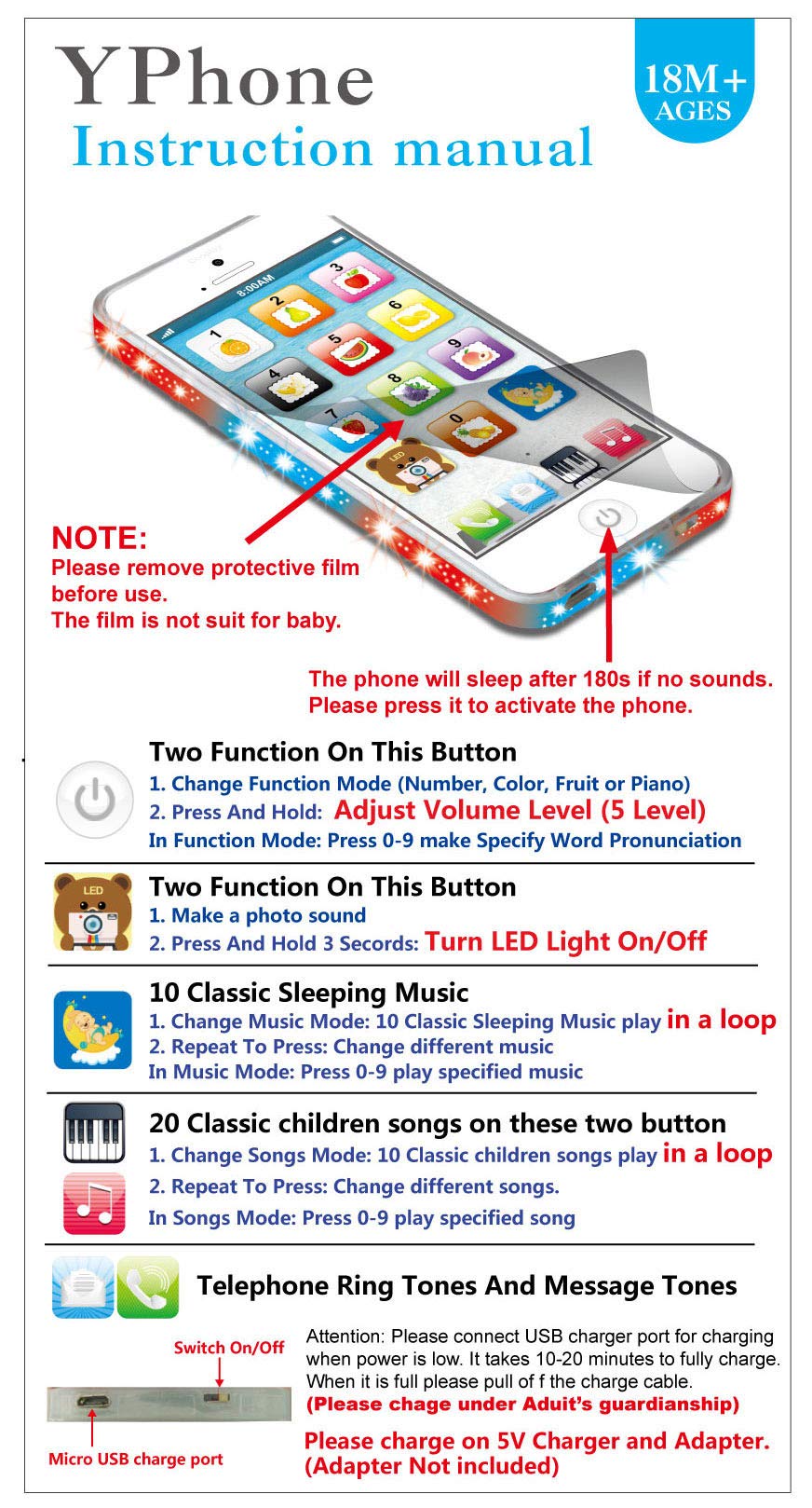 YOYOSTORE 1 Pc Phone Toy Play Cell Phone Mobile Cellphone with USB Recharable Cable for Baby Kids