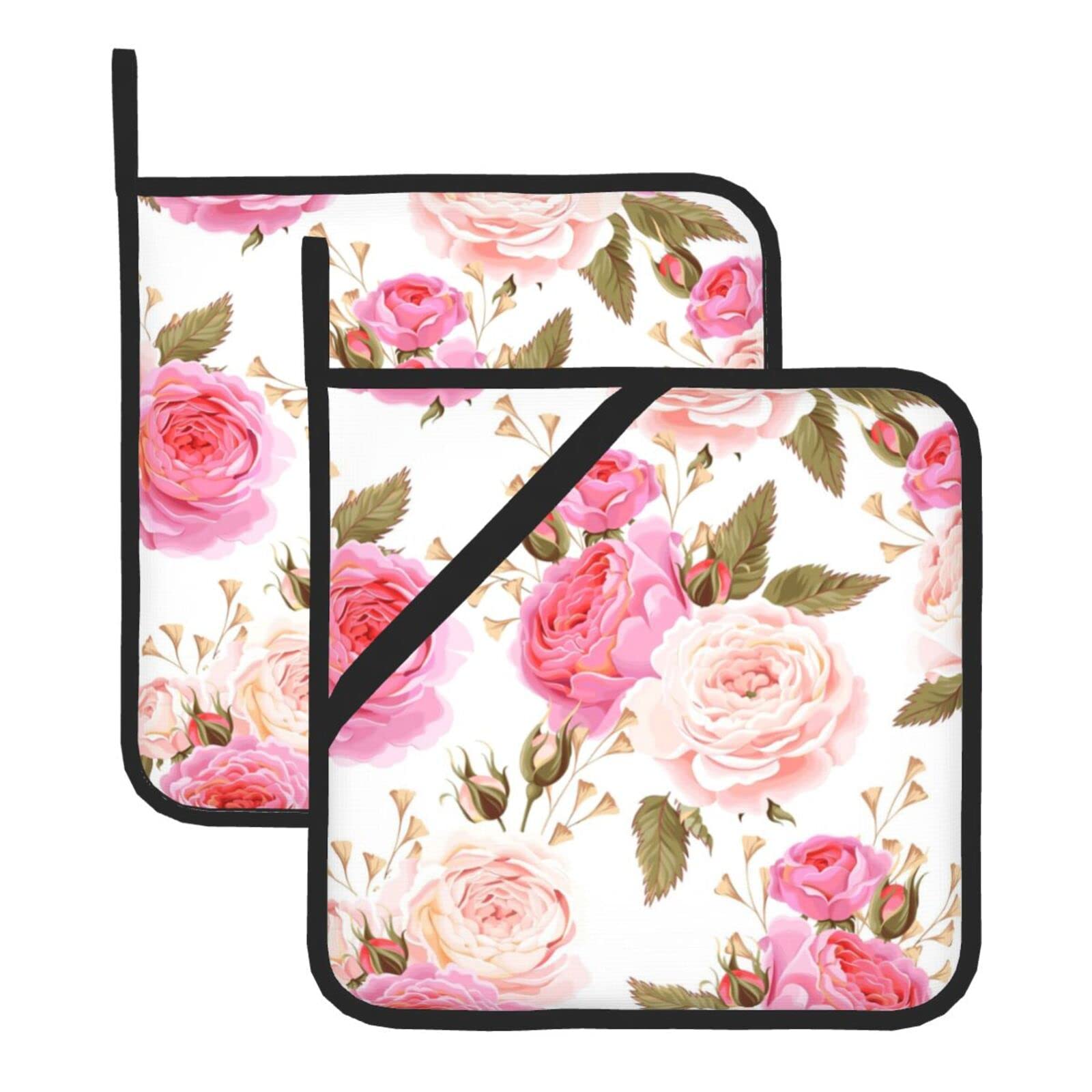 Floral Flower Rose Pink Print Pot Holders Sets,Kitchen Oven Glove High Heat Resistant 500 Degree Oven Mitts and Pot Holder,Surface Safe for Baking, Cooking, BBQ,Pack of 2