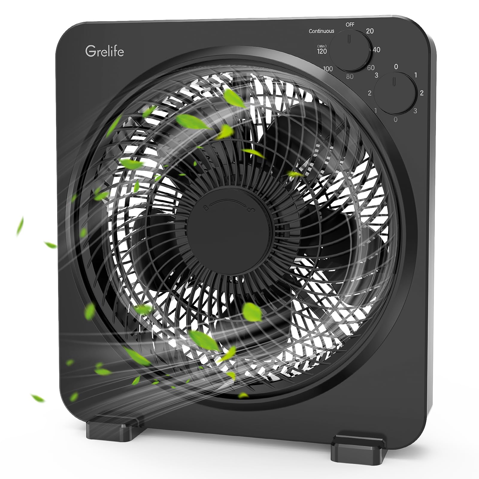 Grelife Box Fan, 14" Table Fan with 3 Speeds, Rotatable Grill Desk Fan, Quiet Operation Fast Cooling Fan with 120 Min Timer, Portable Compact Design for Bedroom Home Office Desktop Household