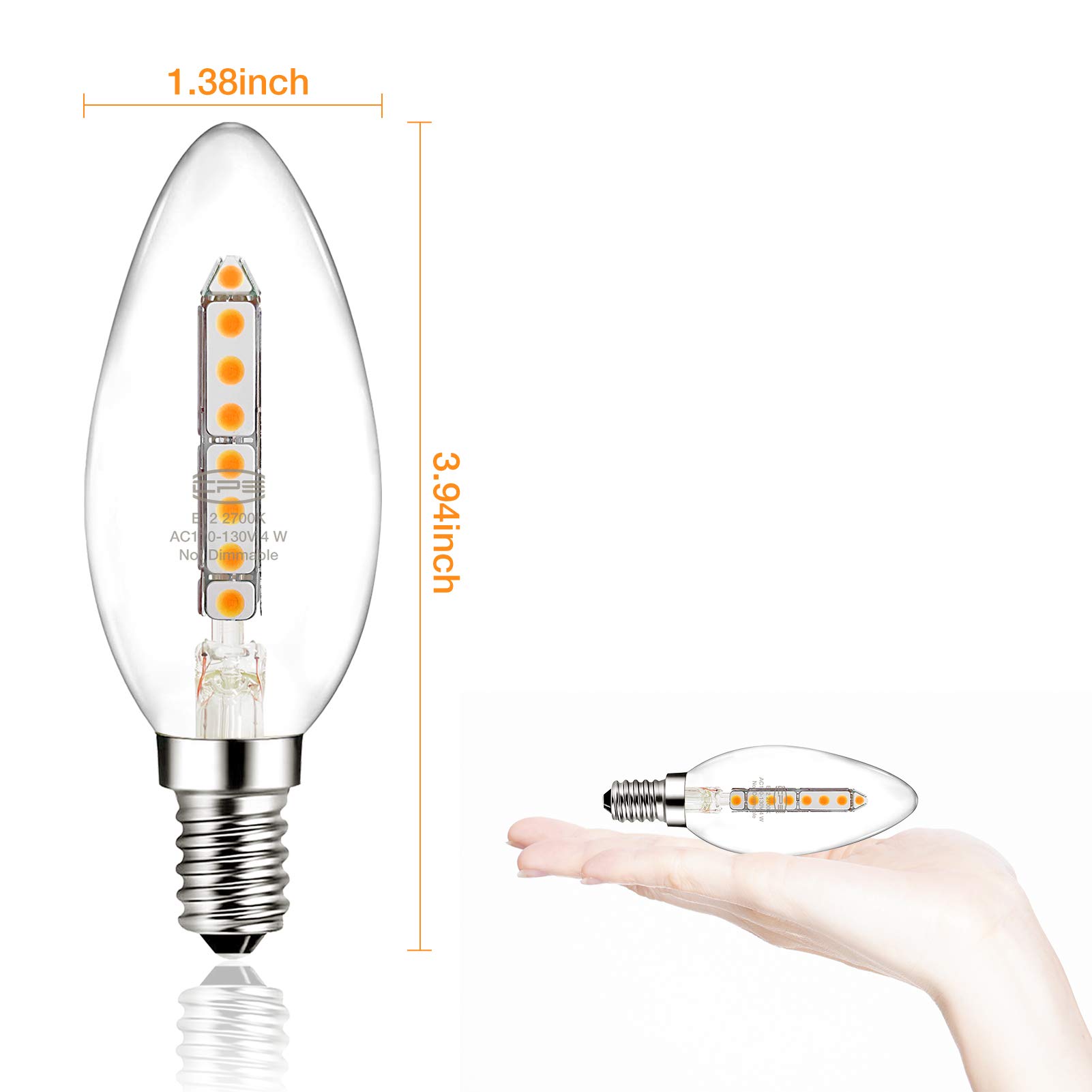 CP3 E12 LED Candelabra Light Bulb 40W Equivalent, Non-Dimmable 4W 400LM Candle Light Bulb 360 Degree Lighting Chandelier Light Bulbs with Decorative Candle Base, Clear Glass, 2700K Warm White, 6 Pack