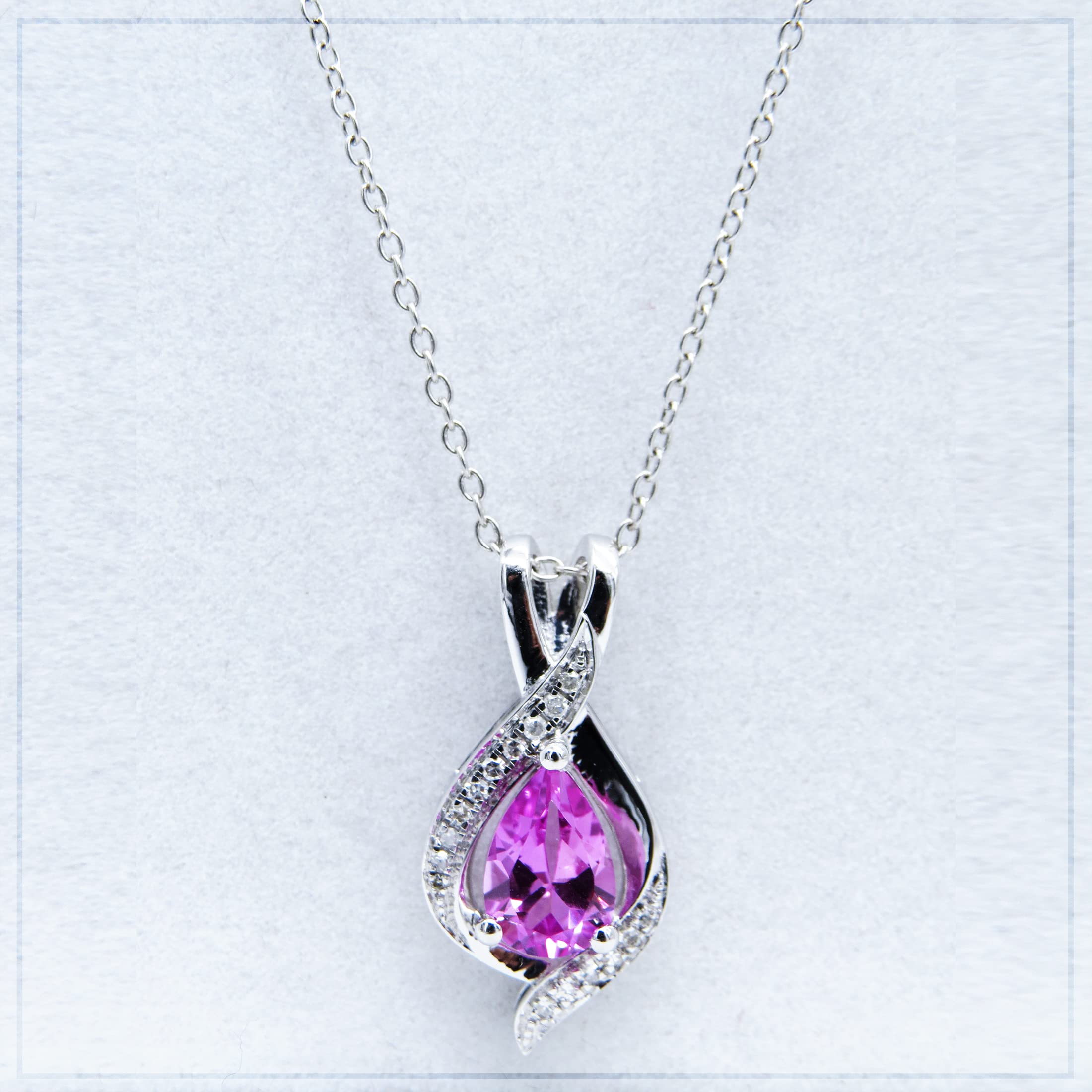 Dazzlingrock Collection 9x6 mm Pear Lab Created Pink Sapphire & Round White Diamond Swirl Teardrop Pendant with 18 inch Silver Chain for Women in 14K White Gold