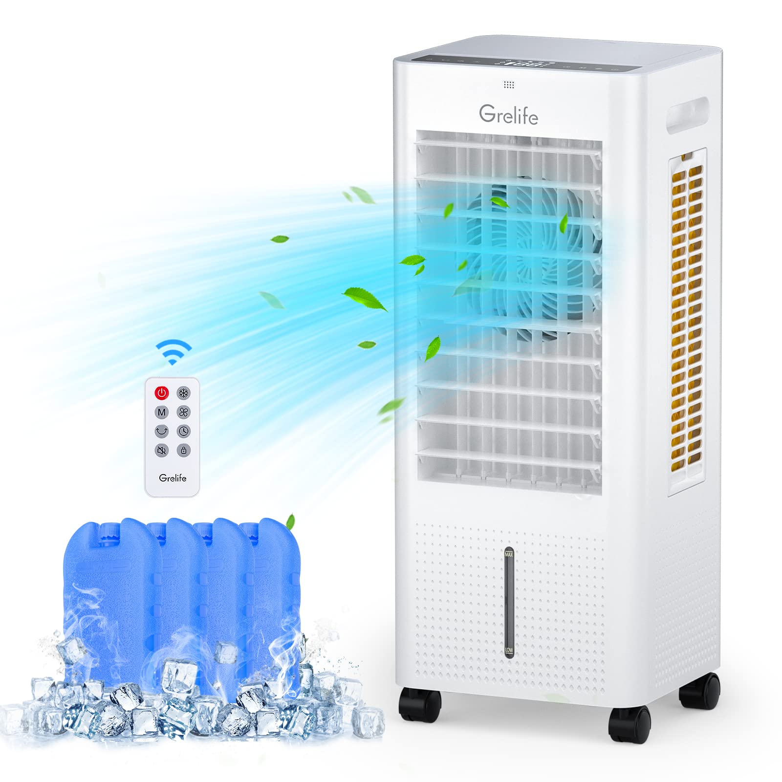 Grelife Evaporative Air Cooler, Portable Cooling Fan with 75° Oscillating, Humidifying, 1.58Gal Water Tank, 4 Ice Packs, Remote Control, 3 Speeds, Personal Swamp Cooler for Home Office