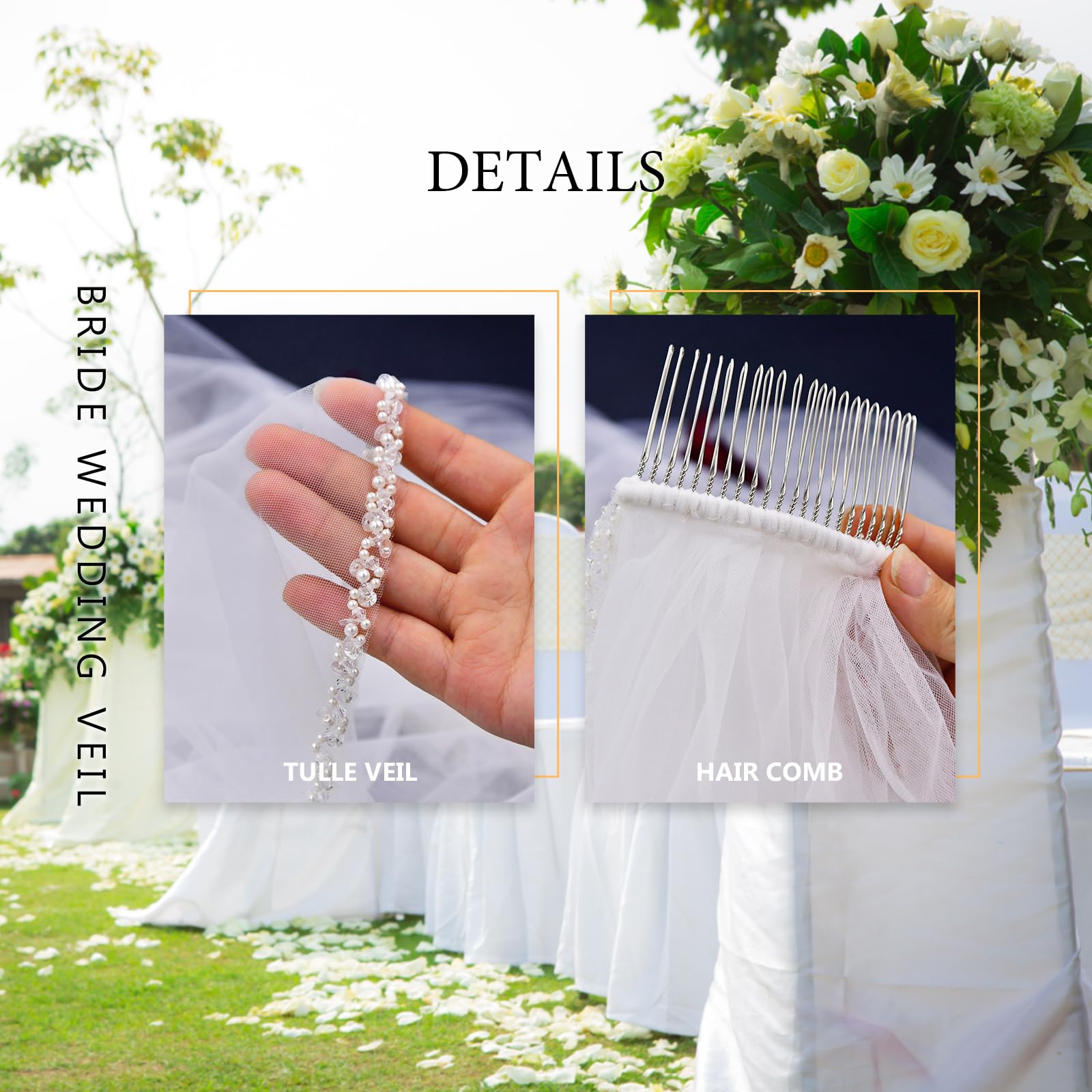 Grettytling Wedding Veil Pearls and Crystals Beaded Edge 1 Tier Fingertip Length Bridal Veil9(White)
