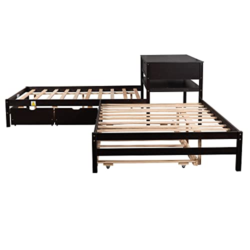 Full Size L Shaped Bed Platform Bed with Trundle and Drawers Linked with Built-in Rectangle Table, Wooden Bed Frame for Kids Teens Adults (Espresso)