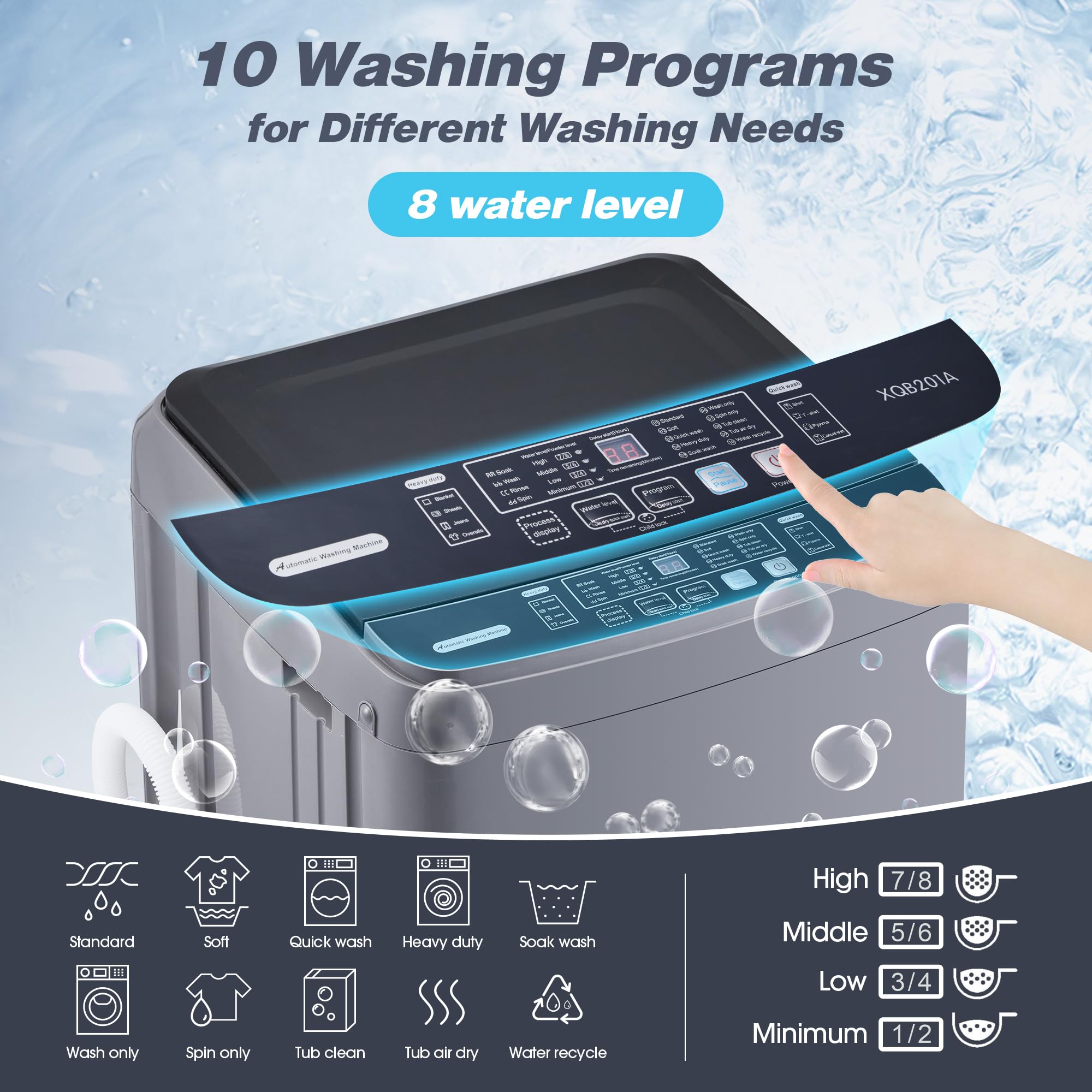 Full-Automatic Portable Washing Machine,2.3 Cu.ft Washer and Dryer Combo,Portable Washer and Spin Dryer with Drain Pump,Small Laundry Washer for Apartment Household RV,10 Wash Program & 8 Water Level,Grey