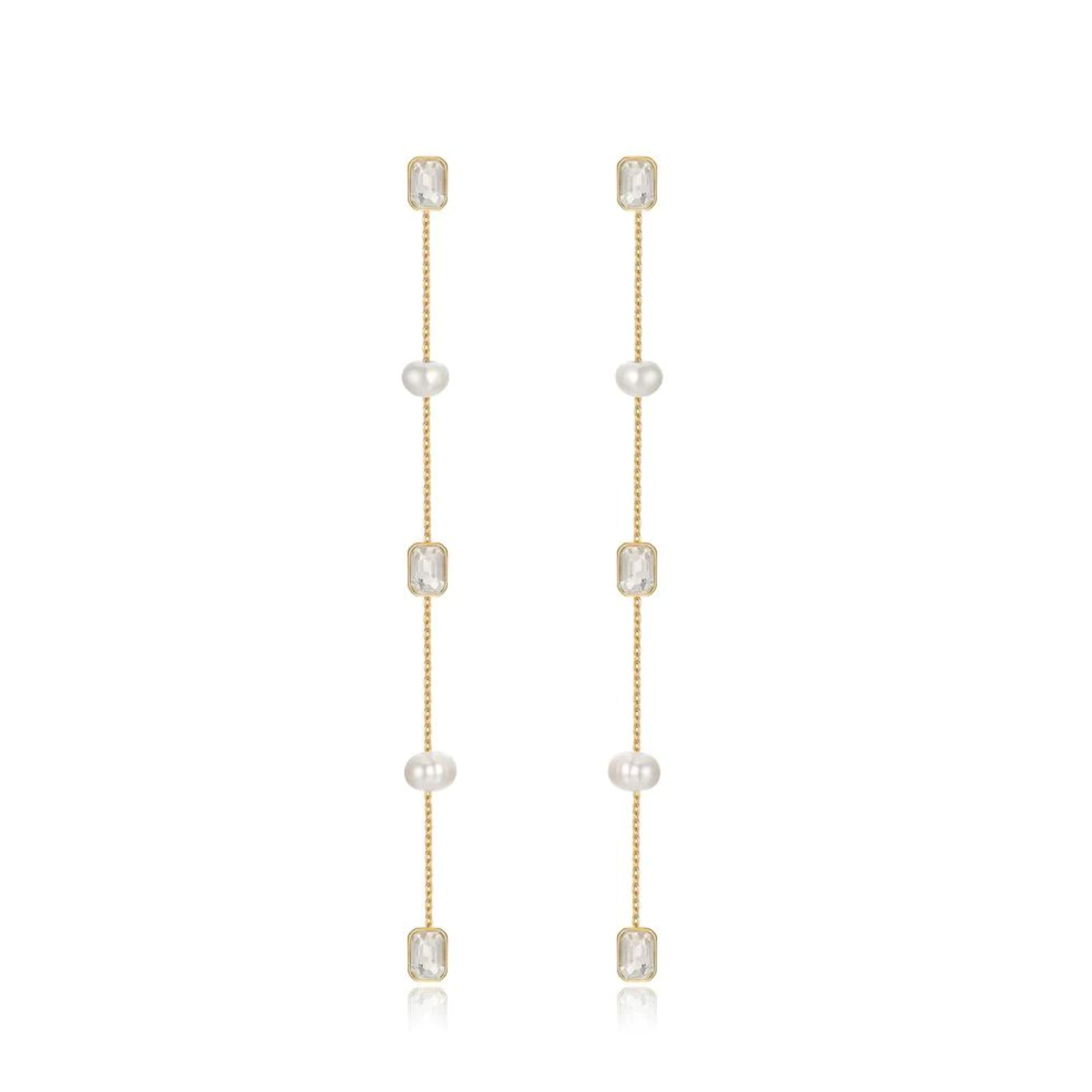 Ettika Gold Earrings. Pearl Earrings For Women. Freshwater Pearl and Crystal Linear 18k Gold Plated Dangle Earrings. Birthday Gifts For Women
