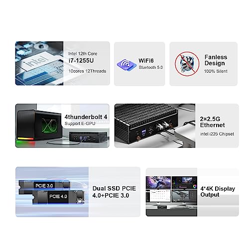 Mini PC Fanless,Intel 12th Core i7-1255U,10cores 12Threads, Slient Mini Desktop Computer 16G DDR4 1TB NVME SSD WiFi 6 BT 5.0, Dual 2.5G Ethernet,Build in Thunderbolt 4 and 4x4K Output