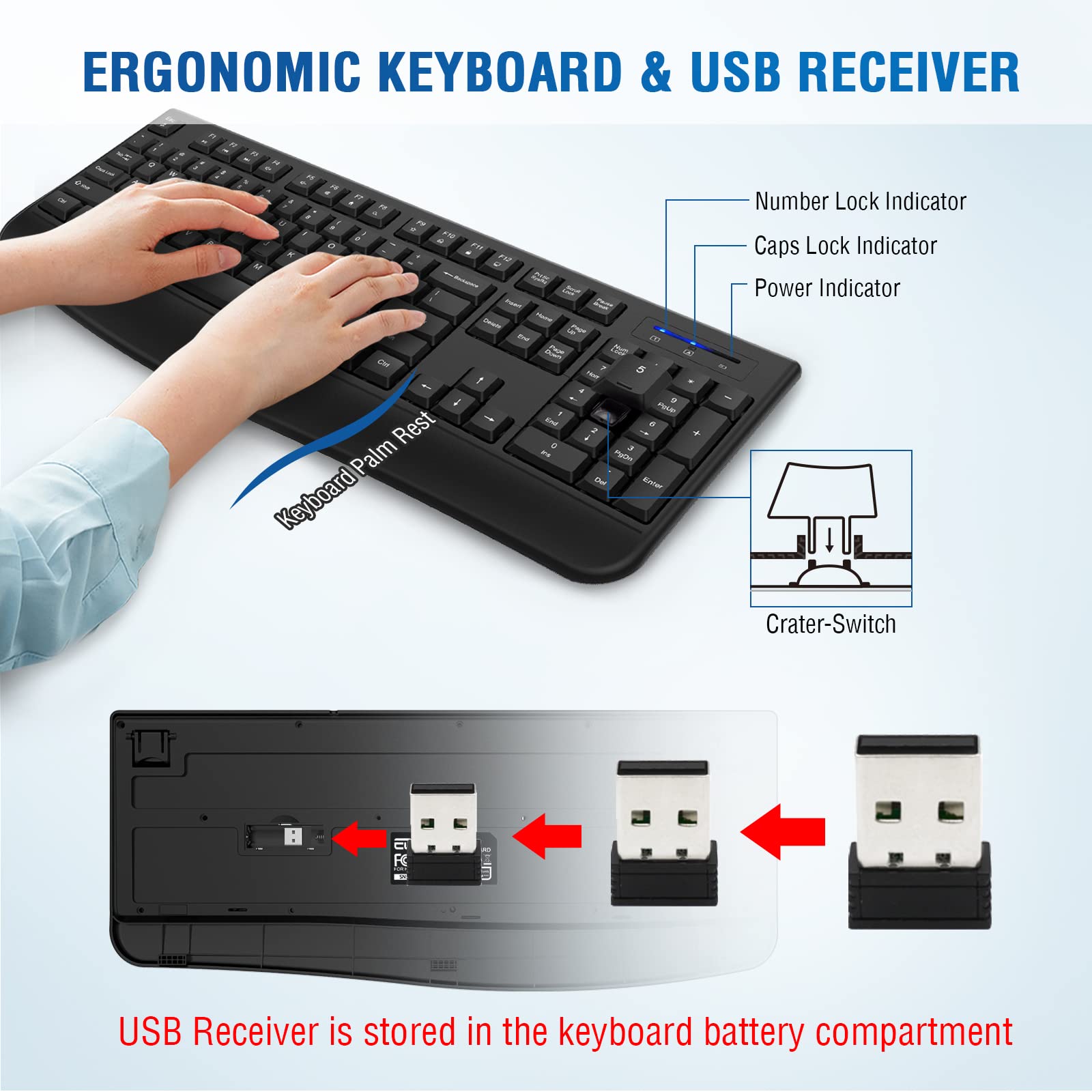 Full-Sized 2.4GHz Wireless Keyboard and Mouse Combo with Comfortable Palm Rest for Windows, Mac OS PC/Desktops/Laptops(Black)