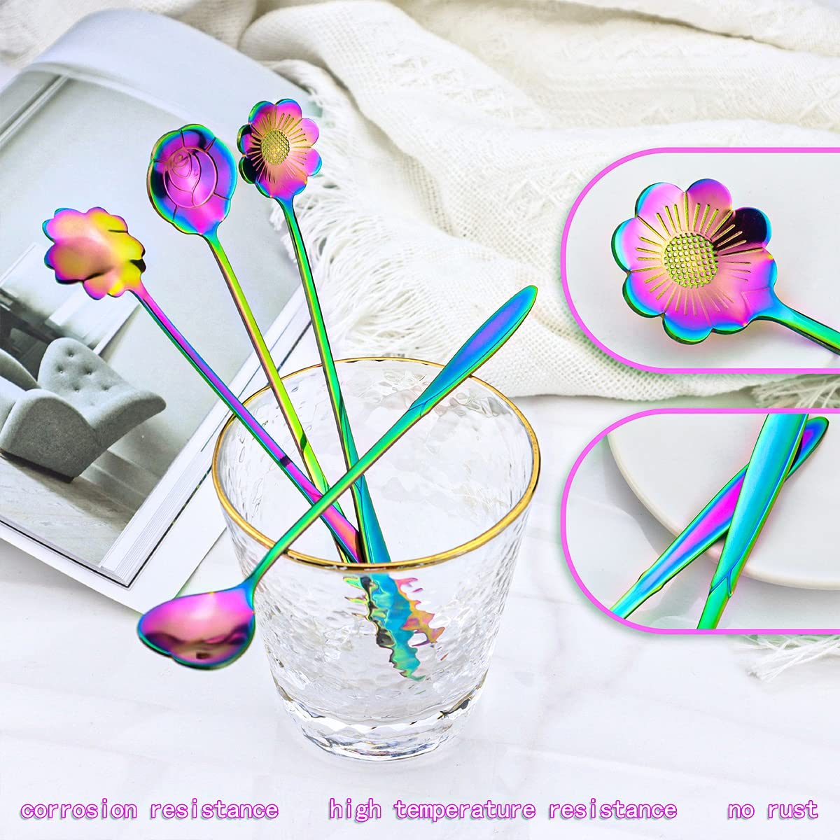 Flower Spoon Set of 4 PCS, LEEFONE 7" Flower Pattern Long Handle Spoon Stainless Steel Reusable Tea Scoops Stirring Spoon Ice Cream Spoon Coffee Spoon Sugar Dessert Cake Spoon (Rainbow)