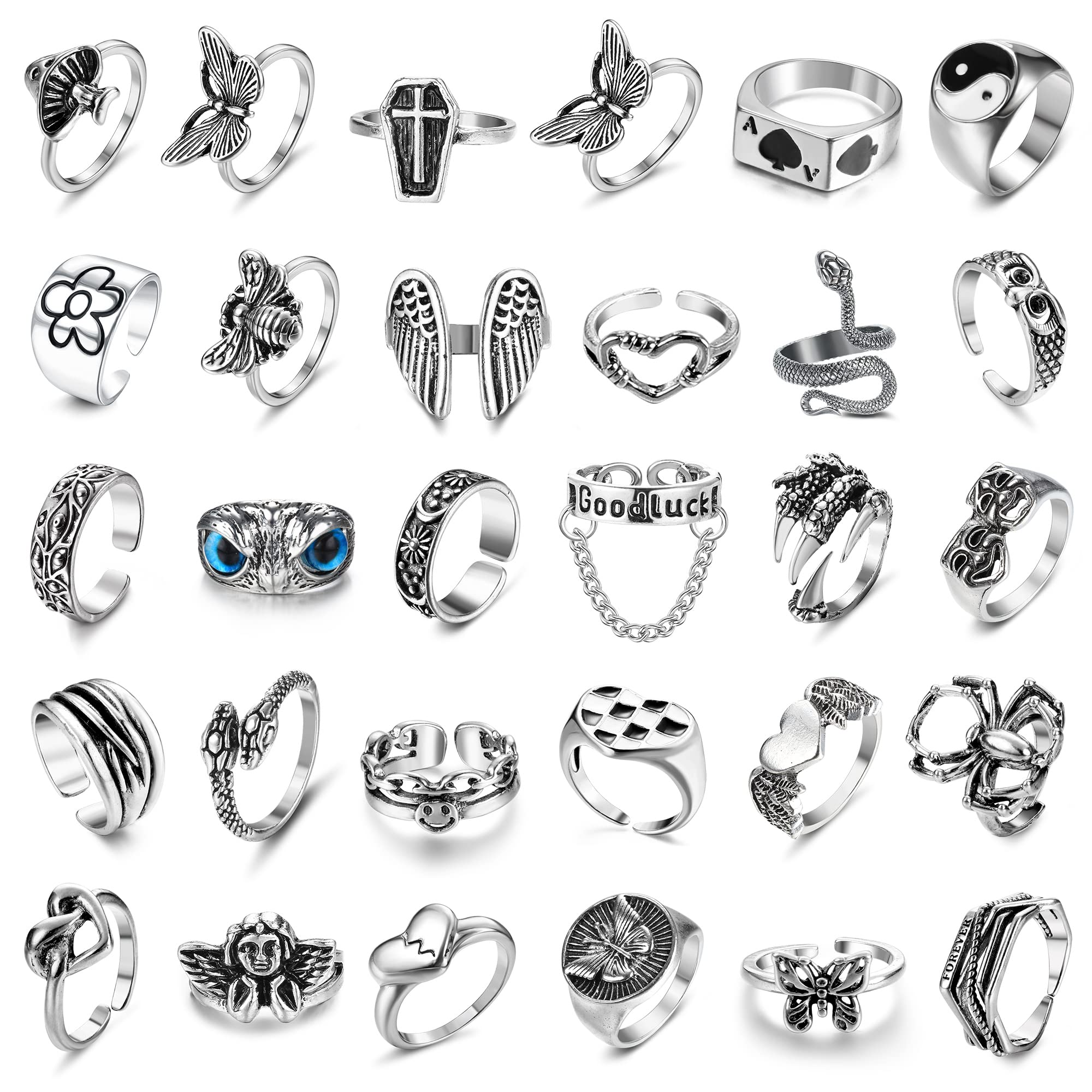 Dochais Vintage Gothic Rings, 30 Pcs Silver Punk Rings Set, Adjustable Grunge Knuckle Rings for Women Men, Statement Stacking Chunky Rings Skull Snake Butterfly Flower Y2K Rings