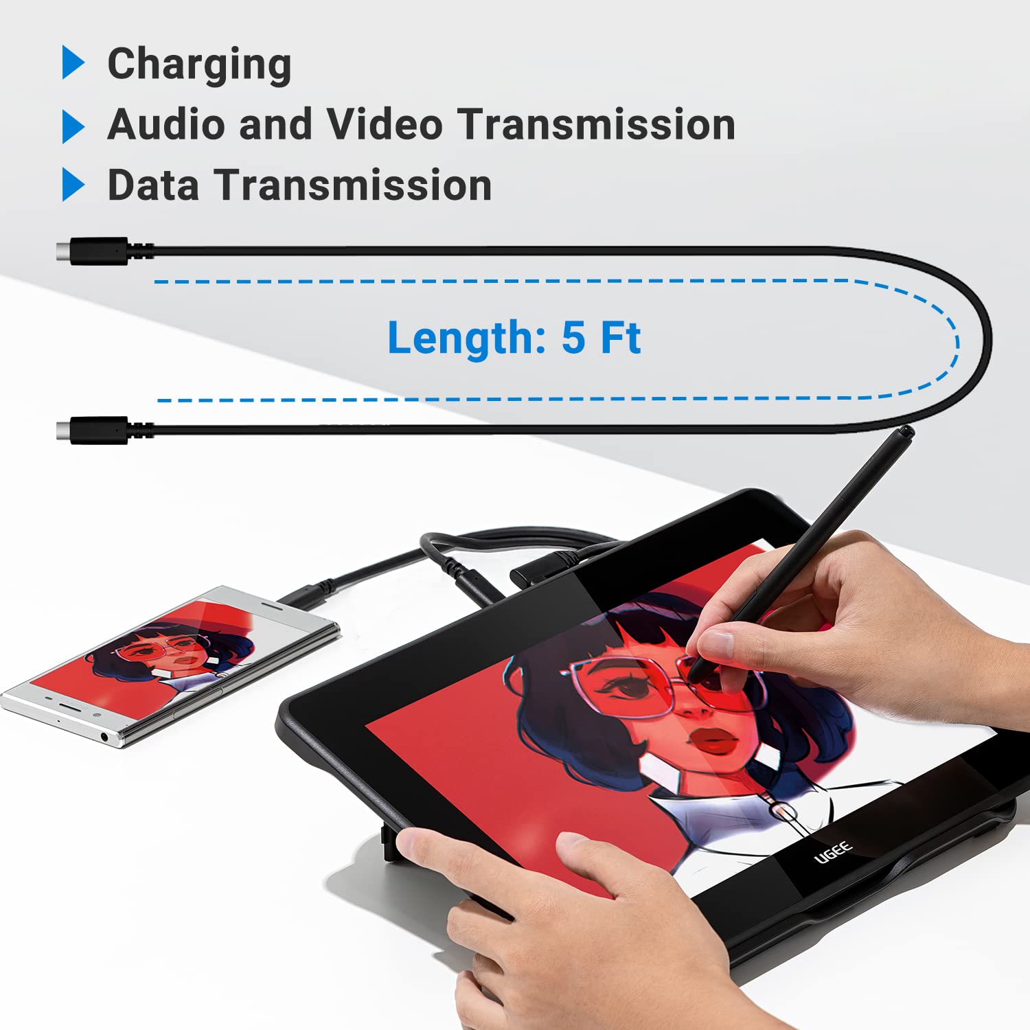 UGEE USB C to USB-C Cable 5FT Support 3 in 1 Type C Fast Charging Cable,Video Data Transfer Compatible U1200/U1600 Drawing Tablet with Screen