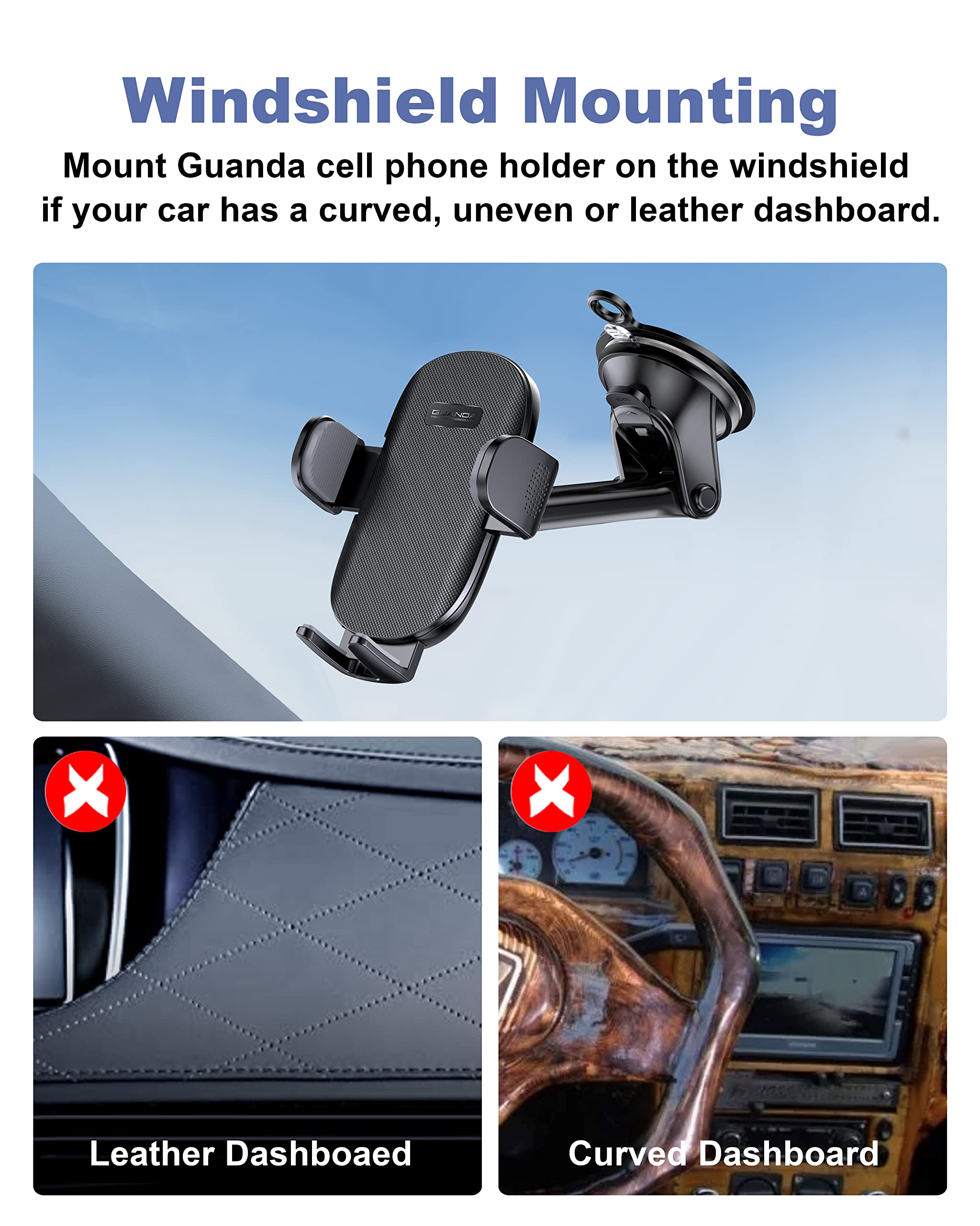 Universal Car Phone Holder Mount for Dashboard Windshield, Military Hands-Free Cell Phone Stand Automobile Cradles Truck Accessories Fit for All iPhone Android Smartphones