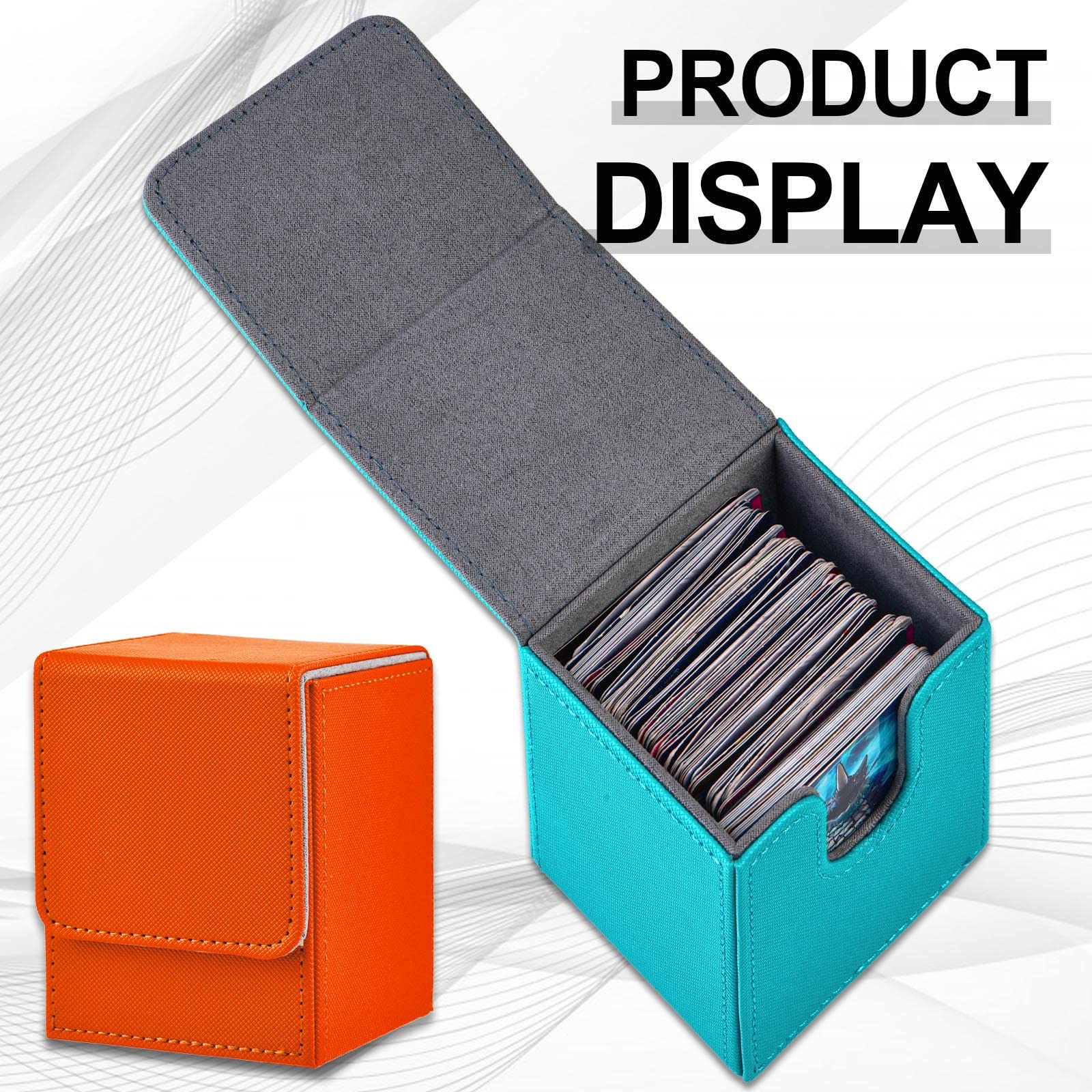 FCSELFLESS 2 Boxes Leather Card Deck Box with 2 Dividers Large Size Fit 100+ Plus Single Sleeved MTG Deck Box for Collectible Cards Deck Compatible CCG,TCG(Orange&Teal, Vertical)