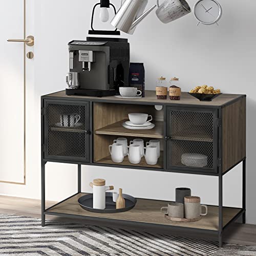 LTMEUTY Sideboard Buffet - Industrial Storage Cabinet, Coffee Bar Cabinet with Mesh Doors, Console Table Coffee Station, for Home, Living Room, Dining Room, Kitchen, Light Brown