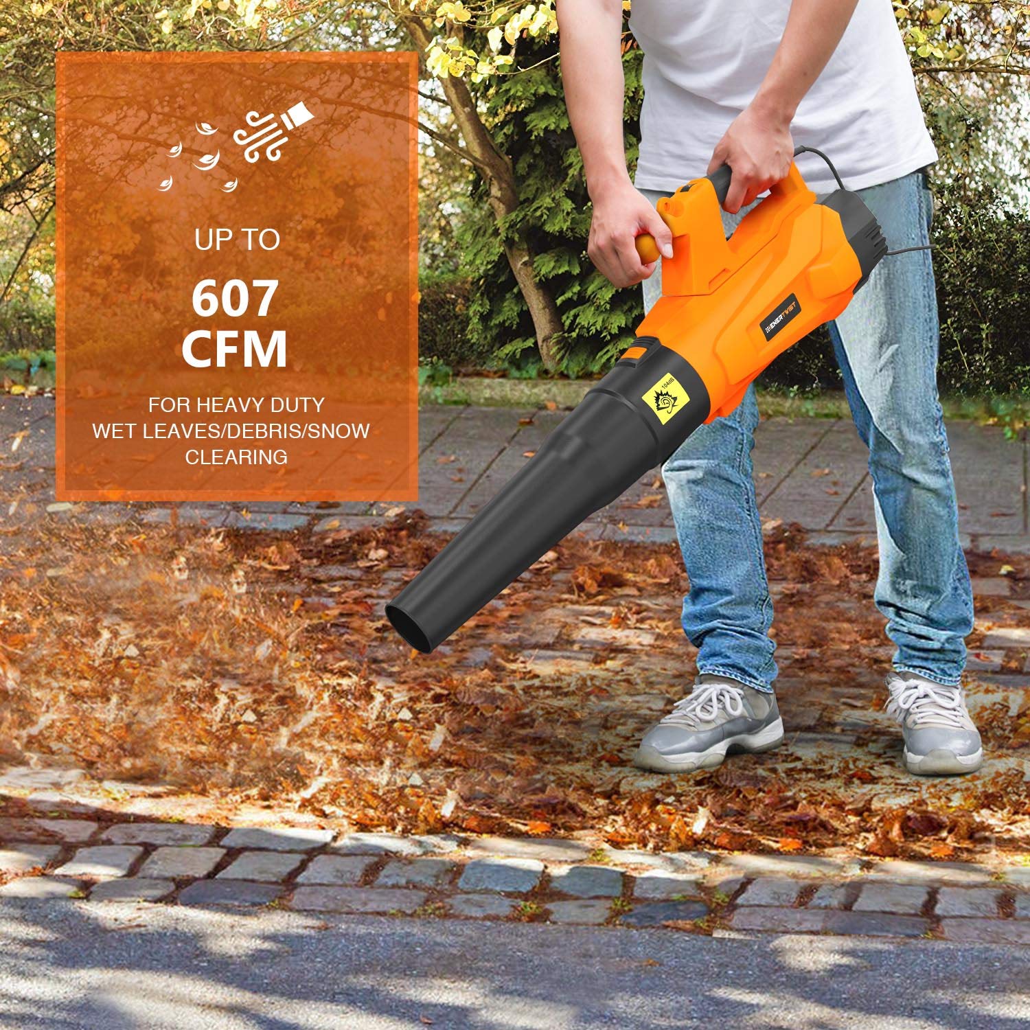 Enertwist Leaf Blower, 15-Amp Corded Electric Leaf Blower 137MPH 607CFM Variable Speed 8000~17000rpm w/ 1.2M Adjustable Shoulder Strap, 10Ft Power Cord, Cord Retention and Auxiliay Handle, ET-LB-1800