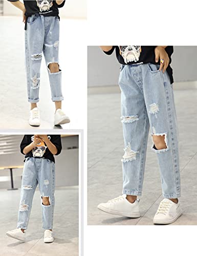 QIBABU Kid Big Girl's Baggy Ripped Jeans Elastic Waist Washed Denim Pants for 8-14 Years(0865-Blue-14Y-QB)