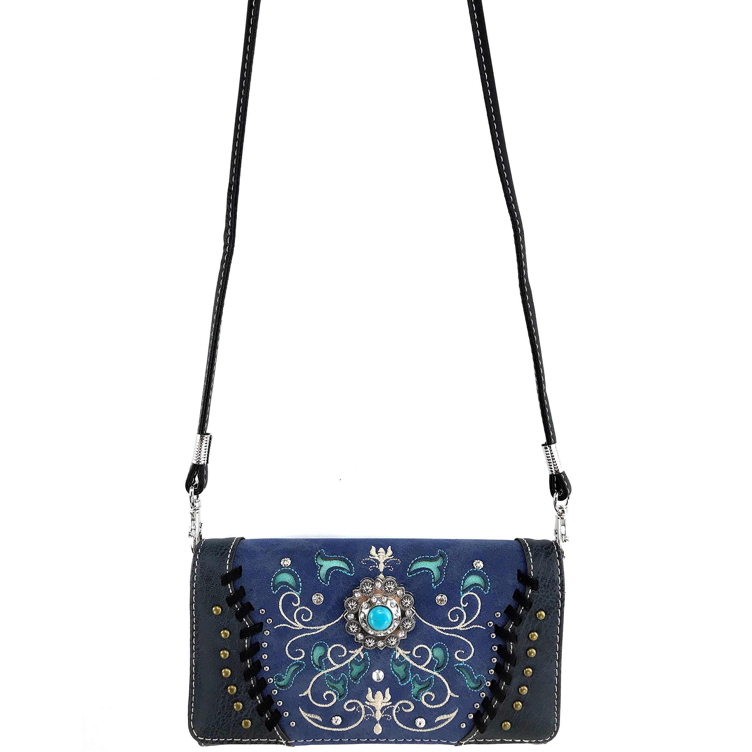 Zelris Spring Bloom Western Concho Women Crossbody Wrist Trifold Wallet (Blue)