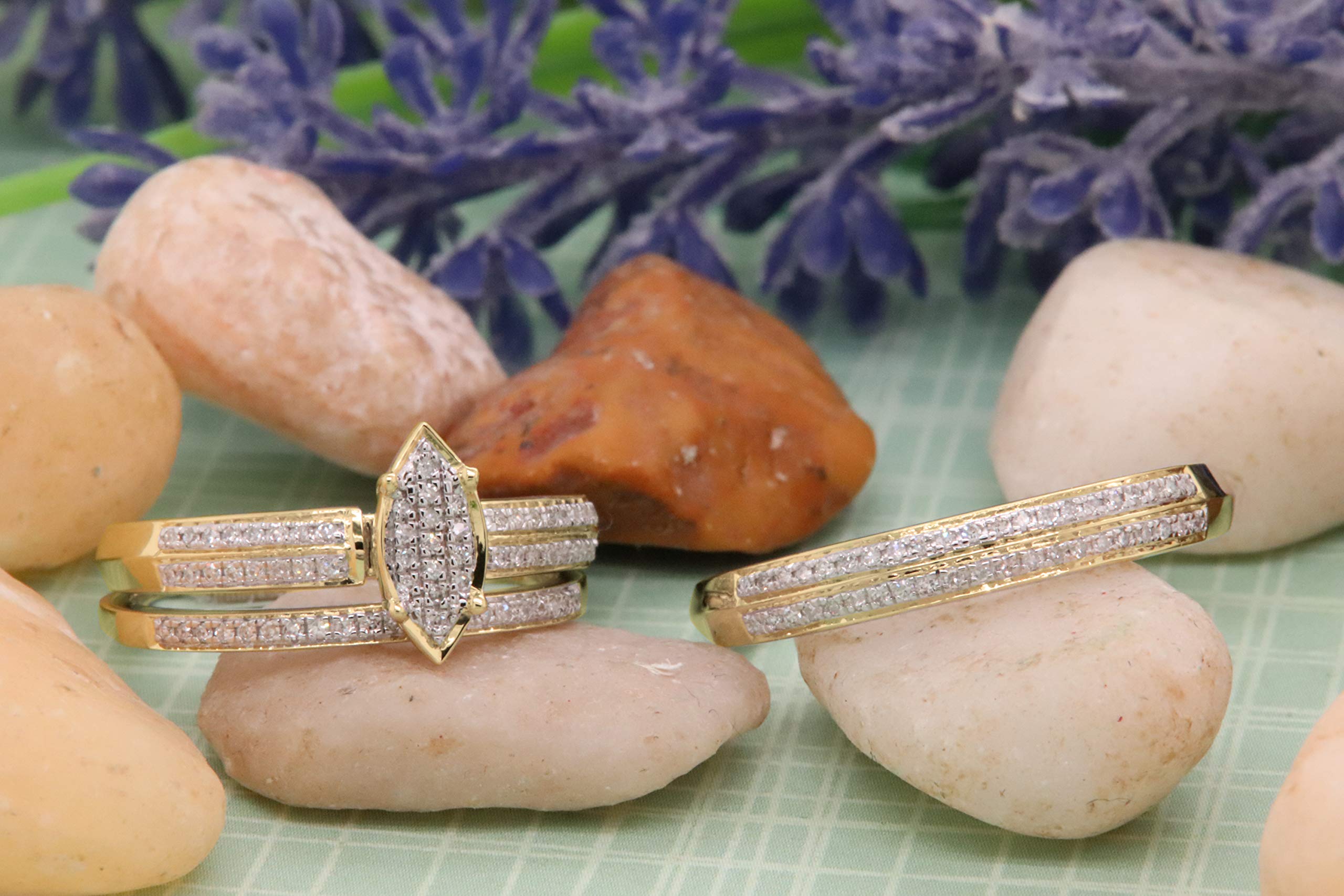 Dazzlingrock Collection 0.25 Carat Round White Diamond Marquise Trio Ring Set in 14K Yellow Gold, Women Size 5.5 and Men Size 12.5