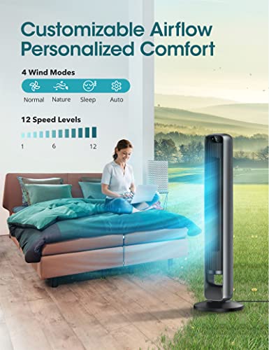 Tower Fan, 42” Portable Fan, 28dB Quiet and Quick Cooling, 90° Oscillation, 12 Speed Levels, 4 Wind Modes, Night Light, 12-Hour Timer, LED Display, Full Function Remote Control, for Home Bedroom