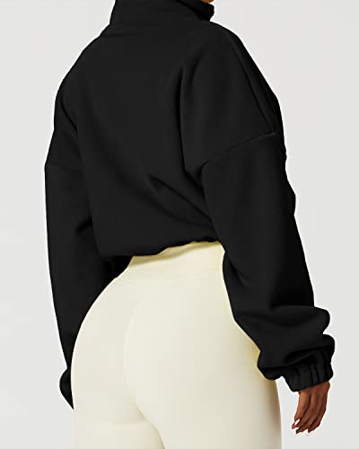 QINSEN Women's Full Zip Fleece Short Jacket Warm Winter Long Sleeve Stand Collar Sherpa Crop Coat Black M