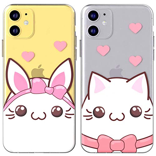 Toik Matching Couple Cases for Apple iPhone 11 Pro Xs Max Xr 10 X 8 Plus 7 6s 5s SE Kawaii Flexible Design Cat Clear Girlfriend Cute TPU Lovely Protective Gift Print Silicone Bow Bunny