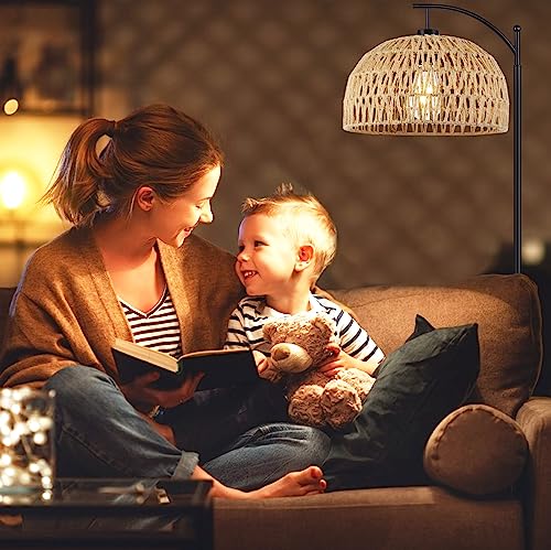QIYIZM Floor Lamp for Living Room Bedroom Farmhouse Rattan Standing Lamp with Control,Wicker Black Industrial Dimmable Floor Light Rustic Adjustable Tall Lamp,Boho Bamboo Lamp Shade Floor Lamps